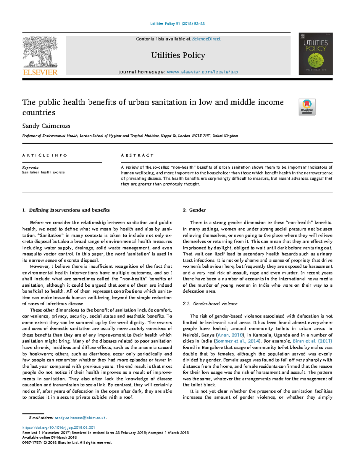 Public Health Benefits of Urban Sanitation in Low and Middle-Income ...