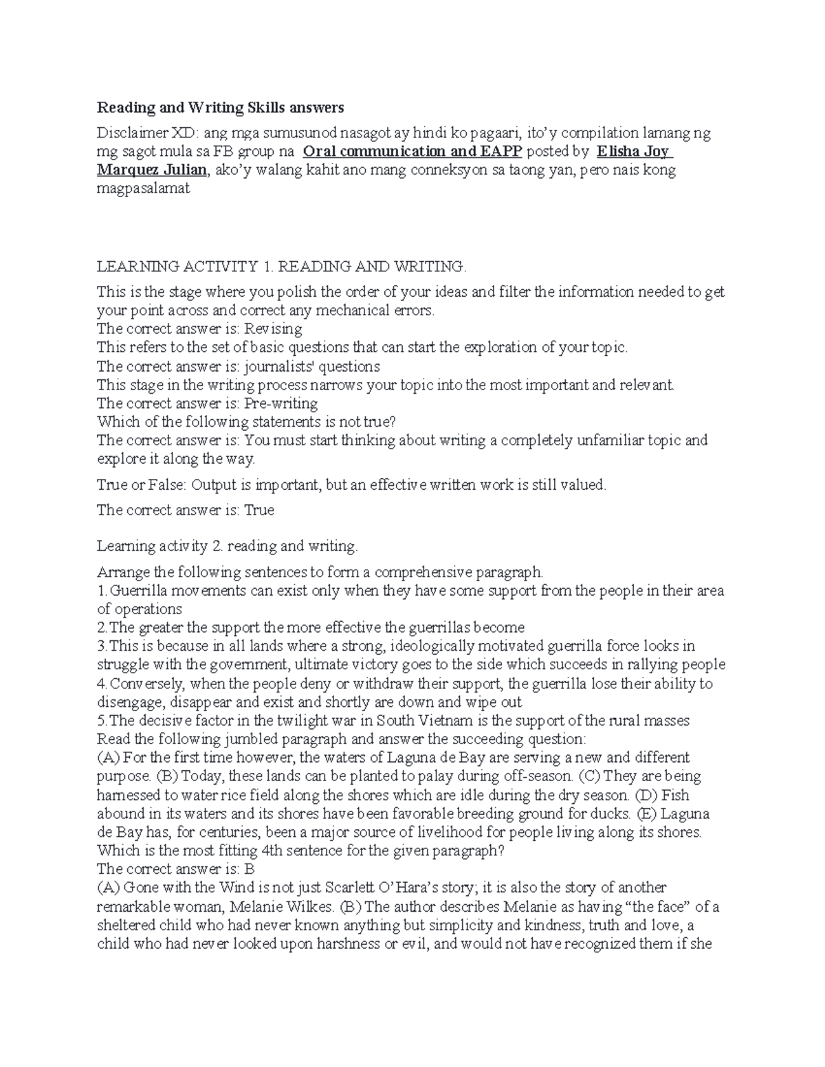 Reading and Writing Skills for ENGL 112 LEC 1822S - Study Guide - Studocu