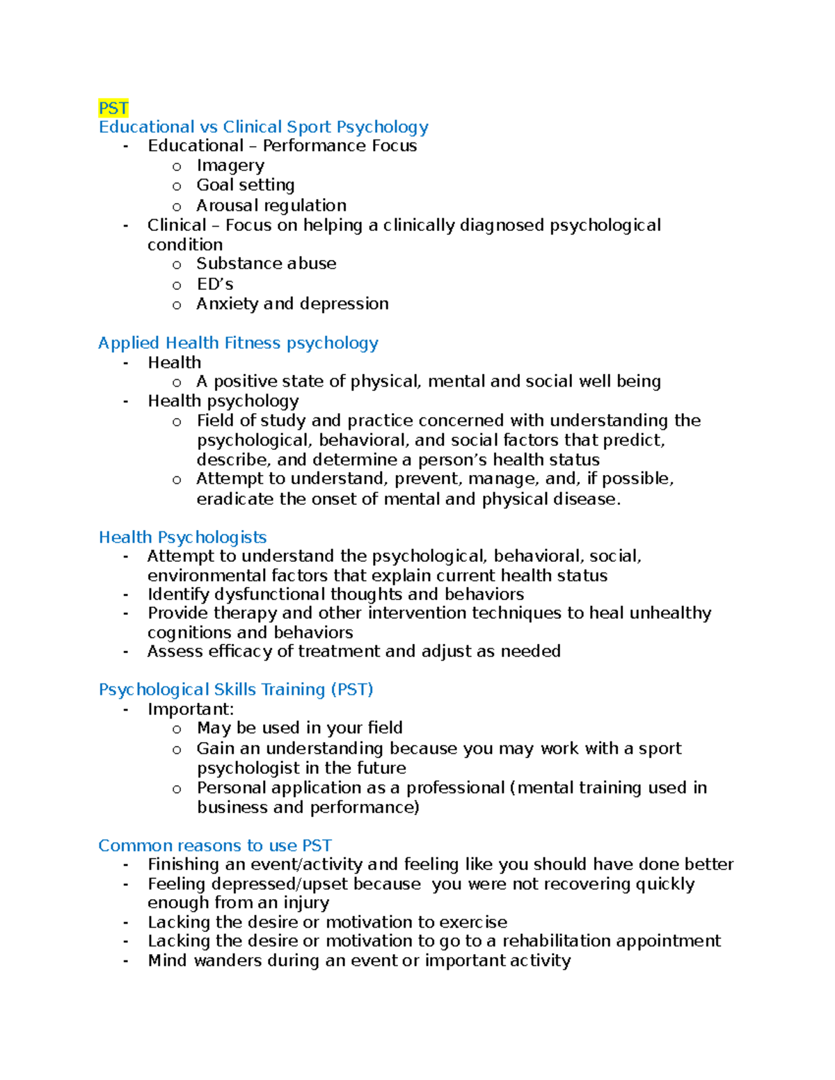 PST 101: Educational & Clinical Sport Psychology Notes on Performance ...