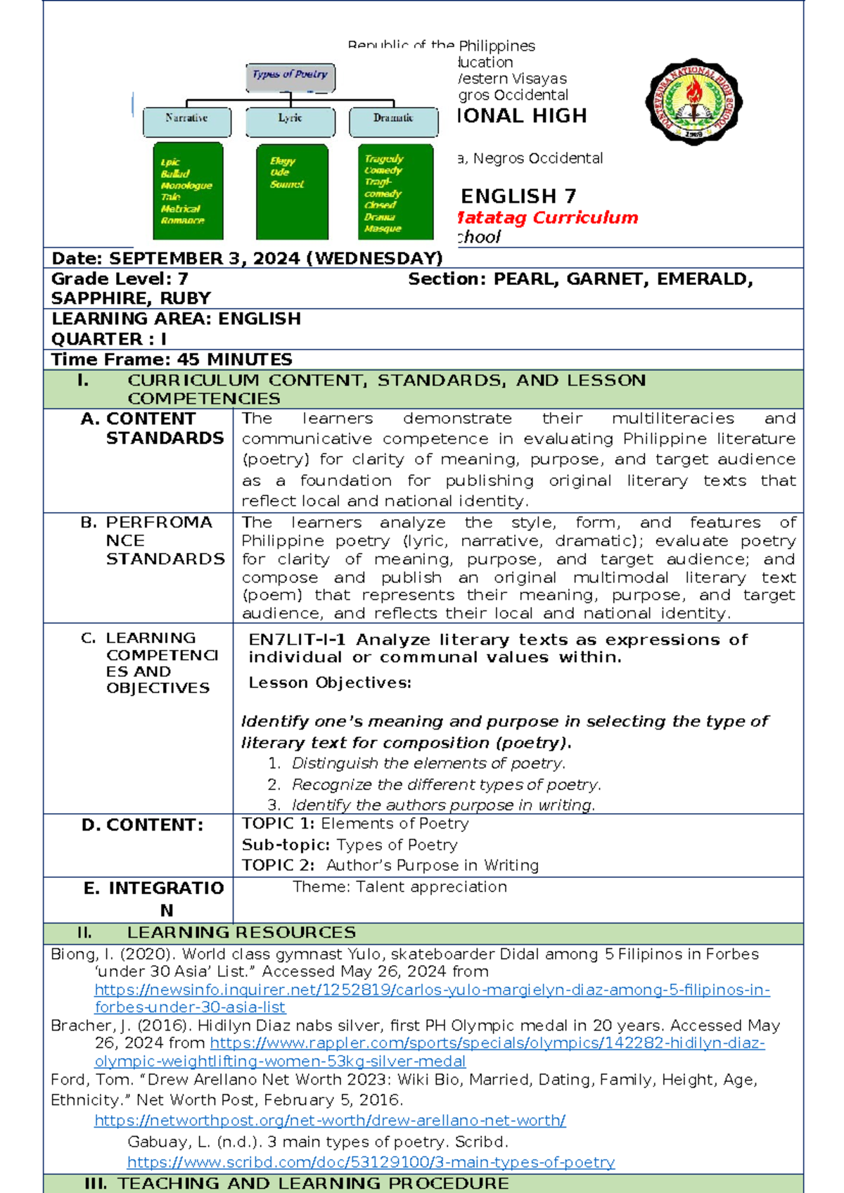 Lesson Plan: Types of Poetry for English 7 (Quarter I) - Studocu