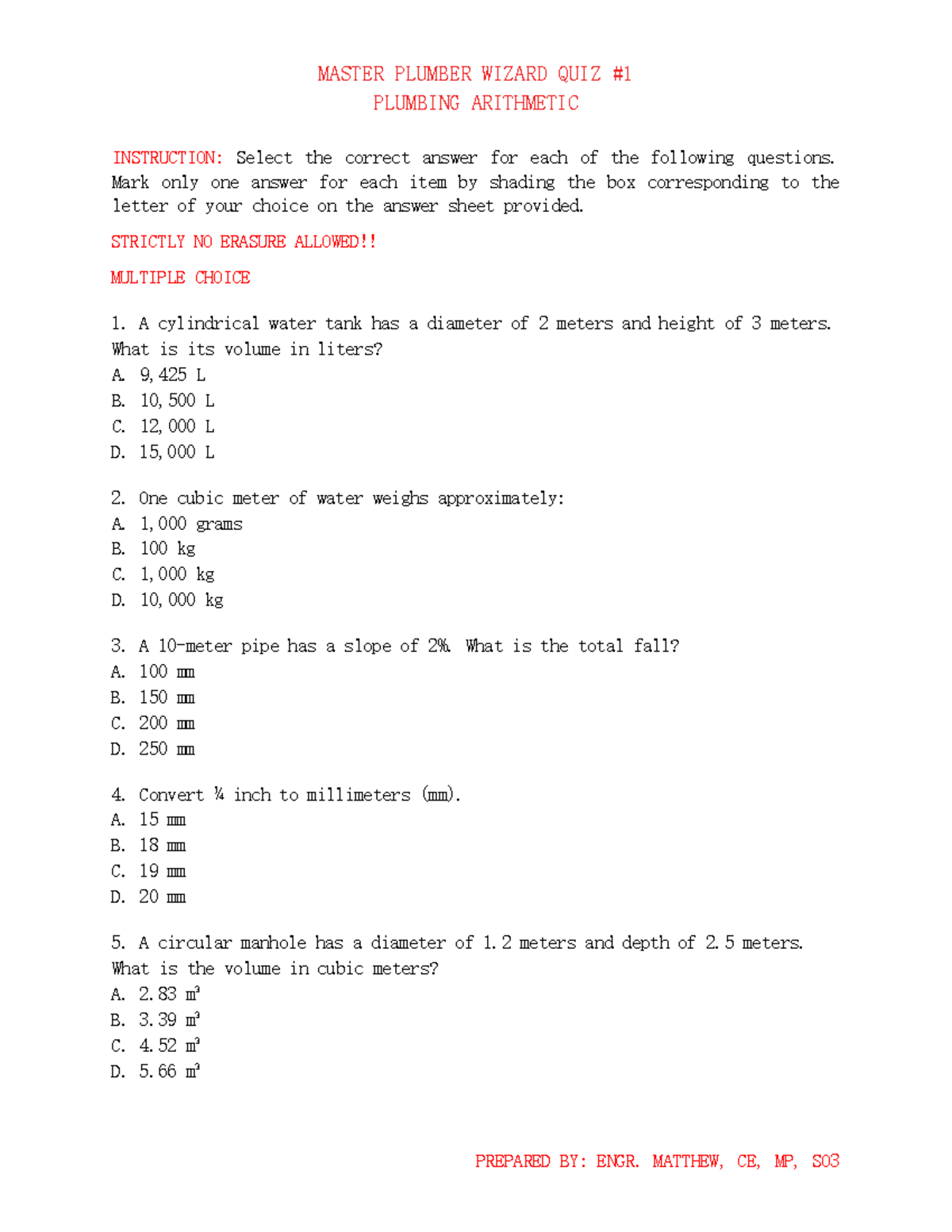 MASTER PLUMBER WIZARD QUIZ: PLUMBING ARITHMETIC (CE, MP, SO3) - Studocu