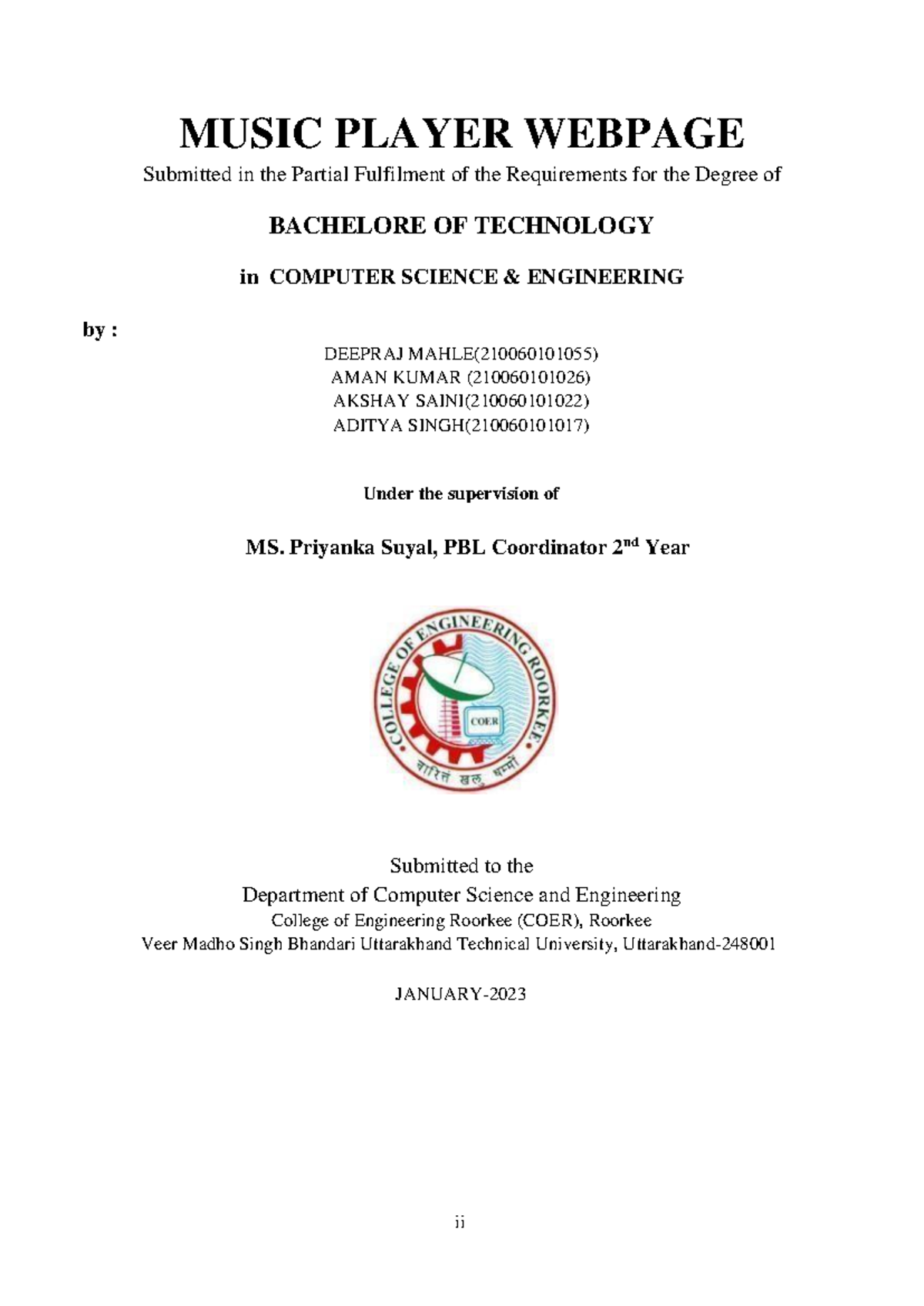 B.Tech Project Report: Music Player Webpage Development in CSE - Studocu