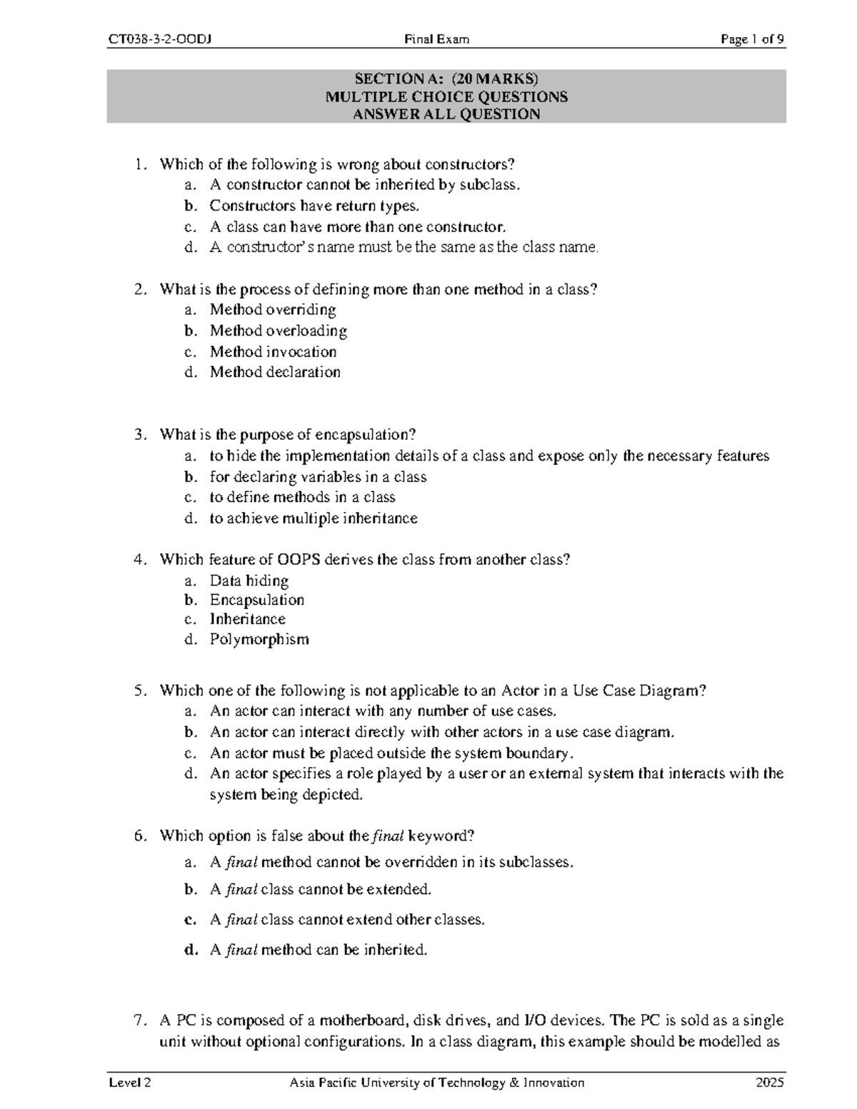 Java OOP Final Exam Questions - Level 2 APU 2025 - Studocu