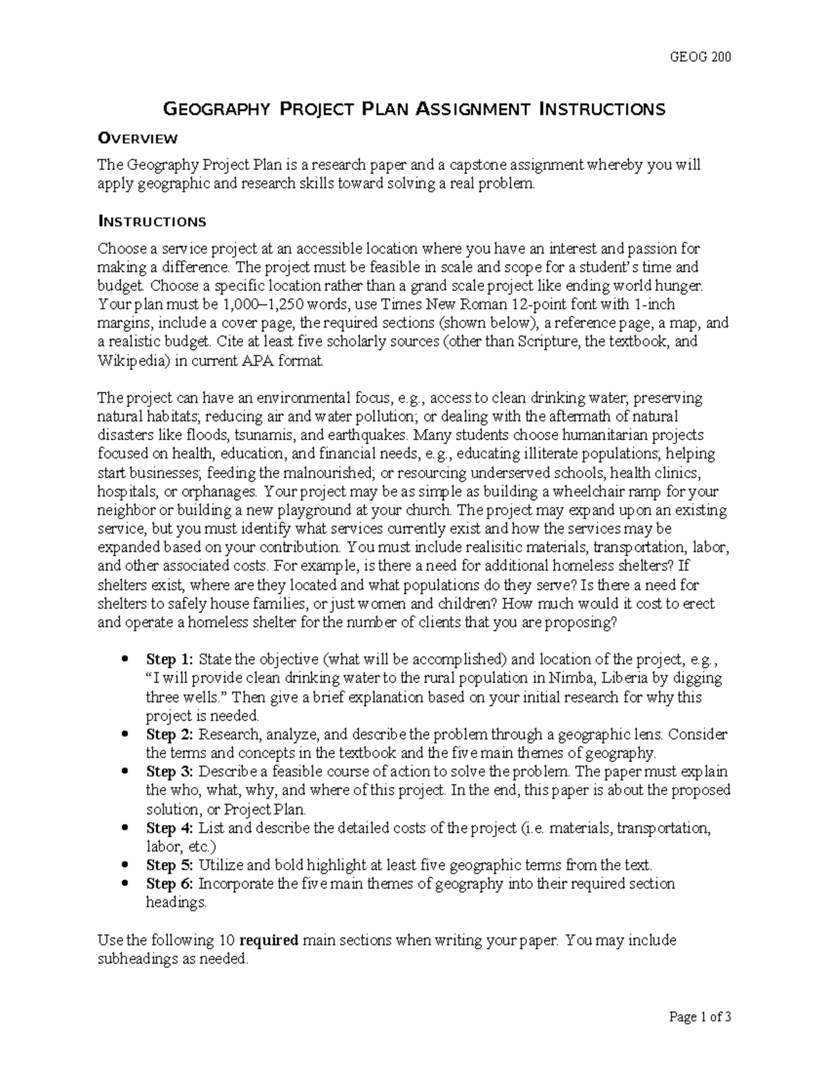 Geog 200 Geography Project Plan Assignment Instructions Guide - Studocu