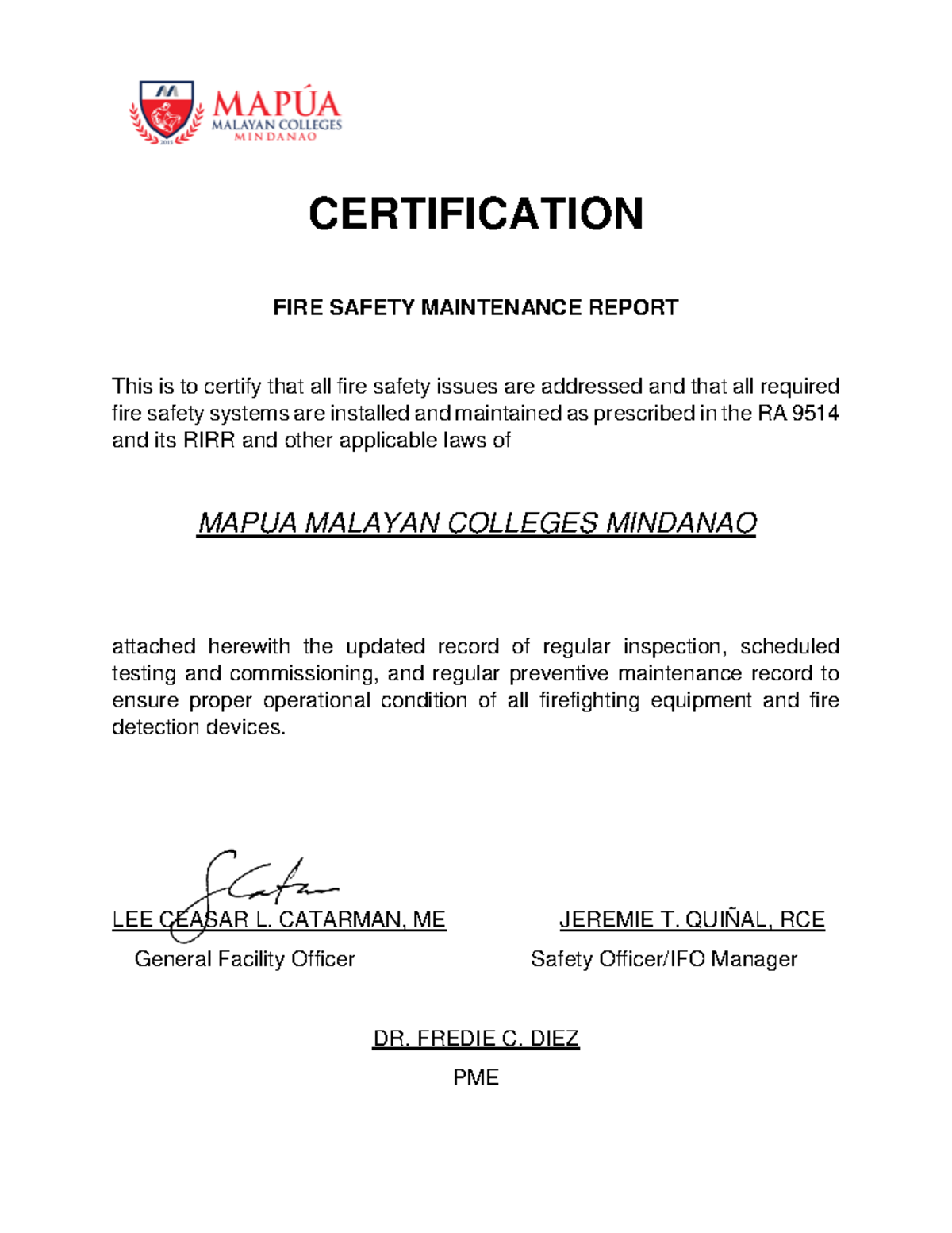 FSMR 2024 MMCM - Comprehensive Fire Safety Maintenance Report - Studocu