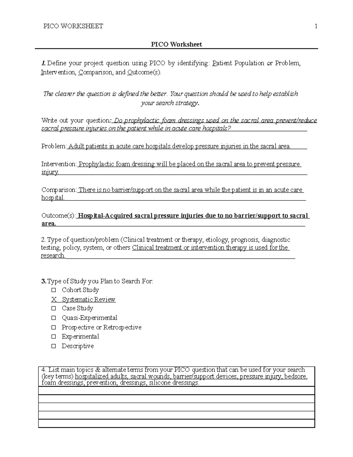 PICO Worksheet Spring 2022 - PICO WORKSHEET 1 PICO Worksheet Define your project question using ...