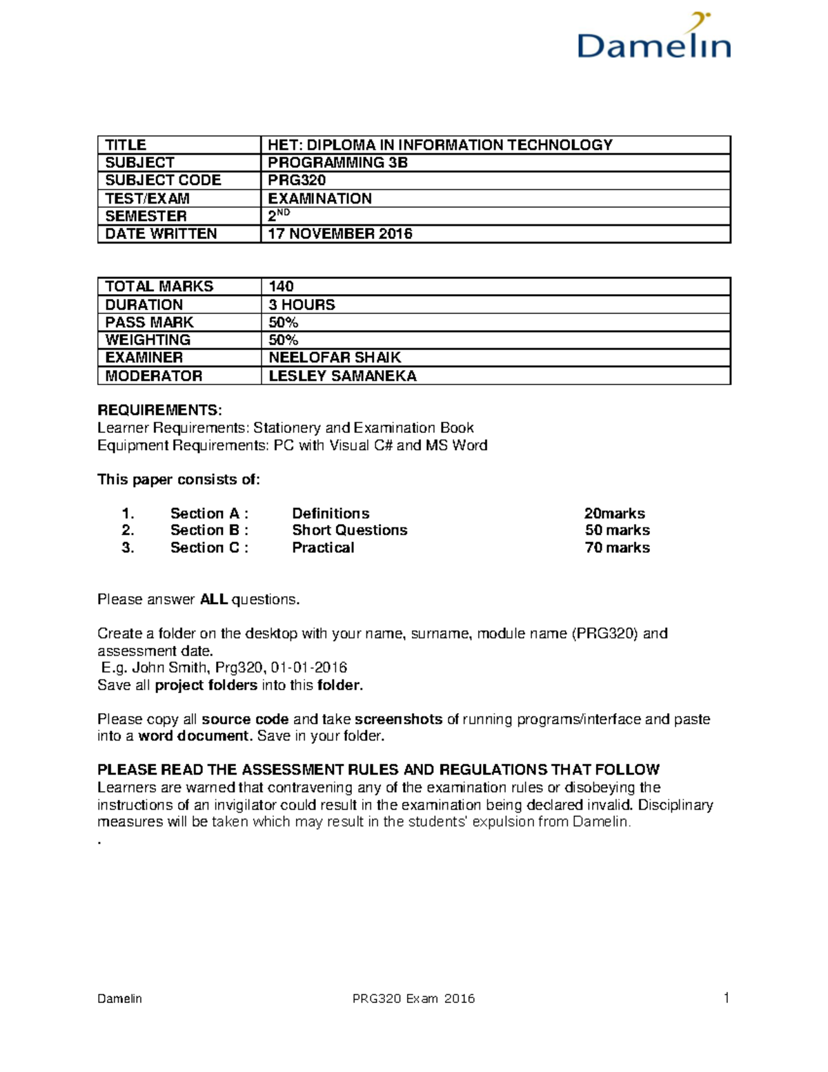 Programming 3B - Year 3 Exams & Test Papers with Memos for Semester 2 ...