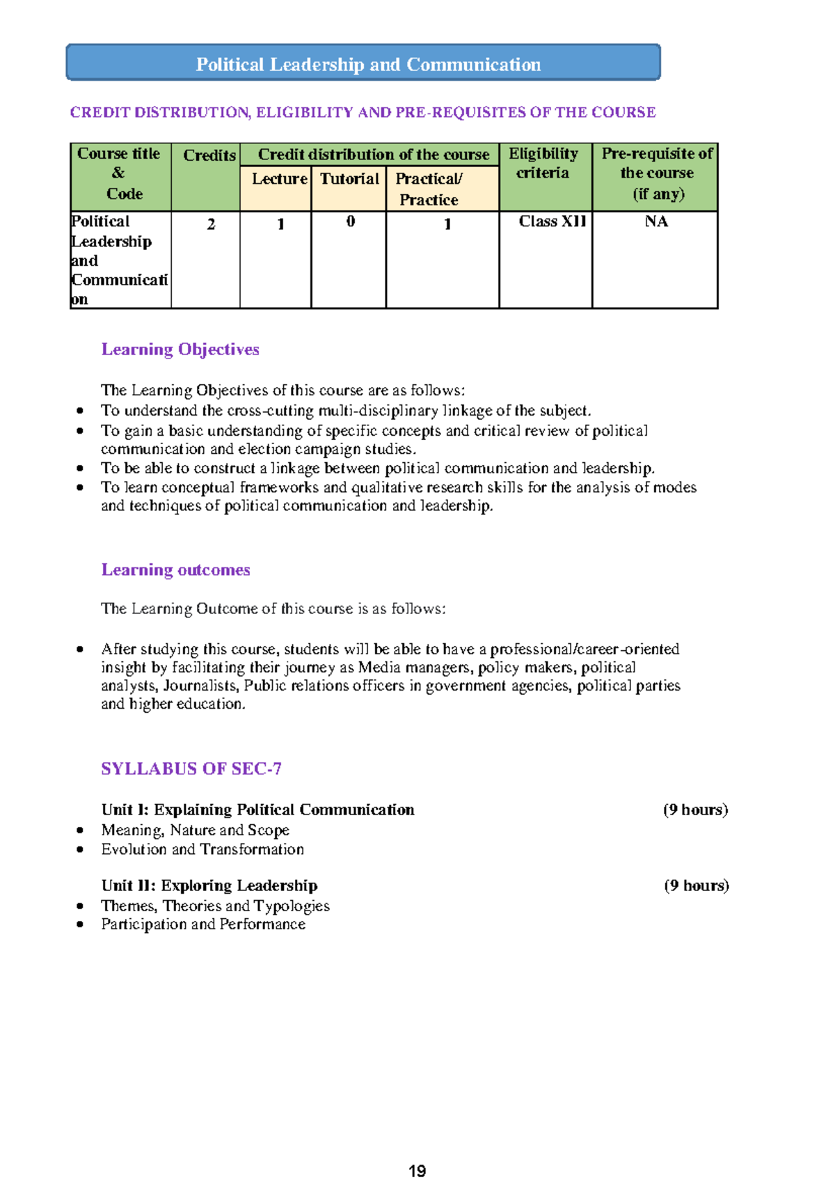 Political Leadership and Communication Syllabus (SEC 1 22 25) - Studocu