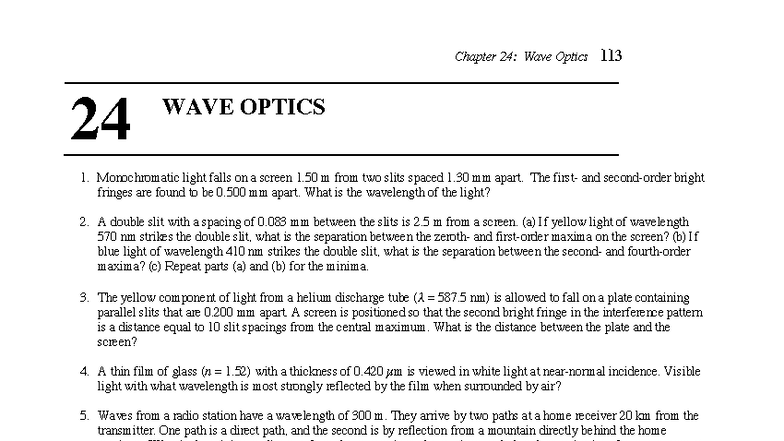 Chapter 24: Wave Optics - AP Diffraction Practice Notes - Studocu
