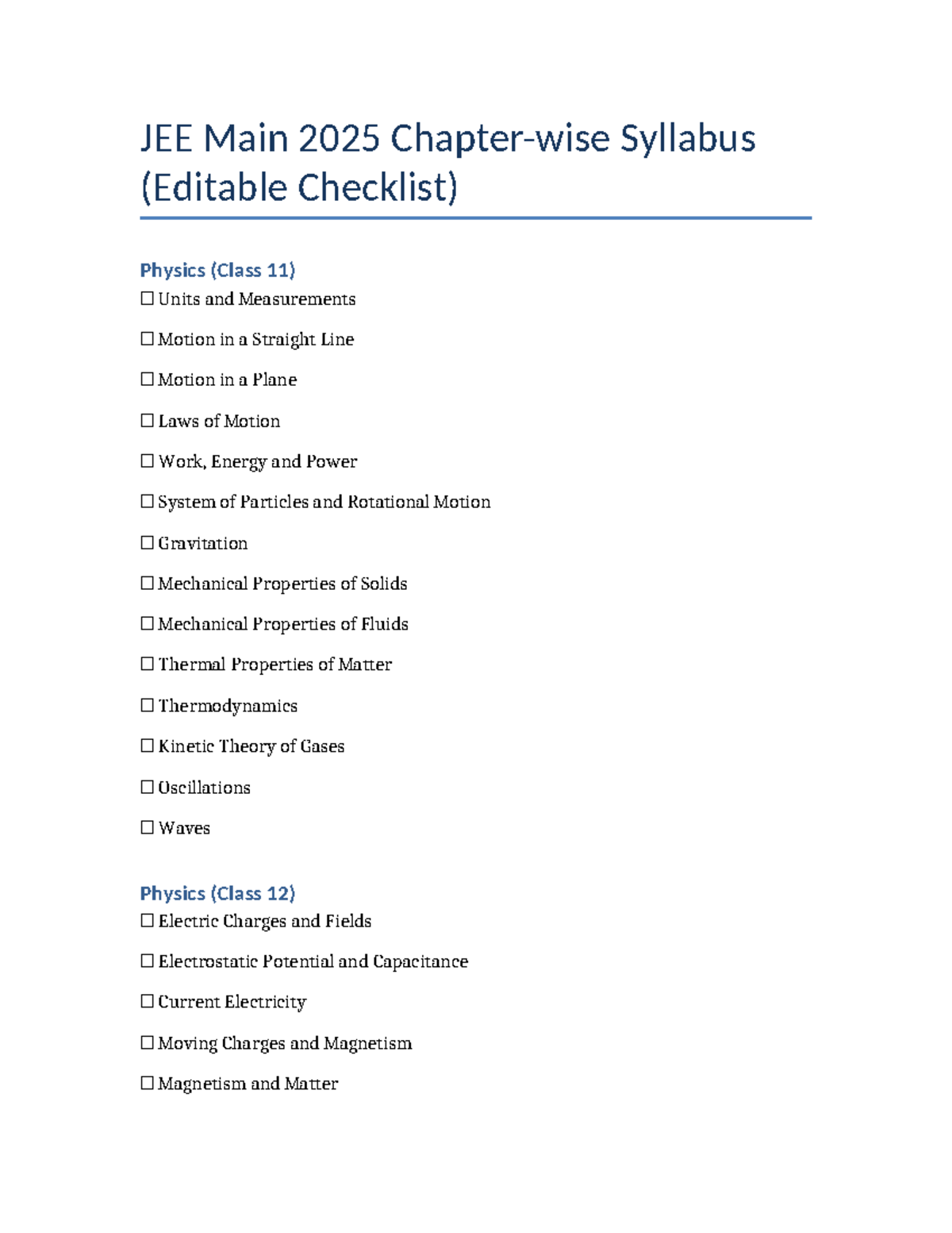 JEE Main 2025 Chapterwise Syllabus Checklist for Physics & Chemistry ...