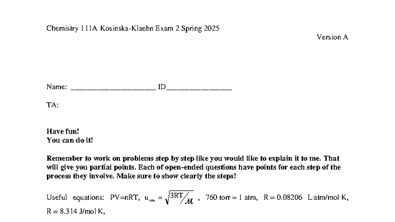 Chemistry Exam 2 (CHEM 111A) Spring 2025 - Version A - Studocu