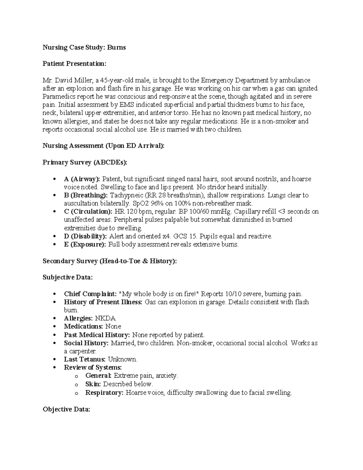NUR 185 Week 7 Case Study: Burns Patient - Mr. David Miller - Studocu