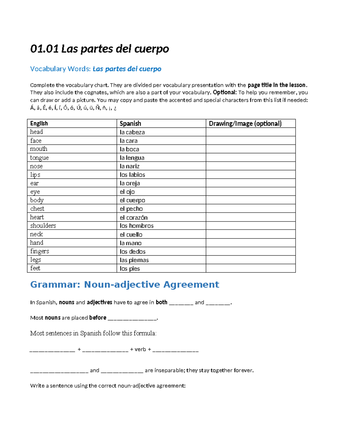 Spanish 01: Vocabulary & Grammar Notes on Body Parts & Verb Conjugation ...