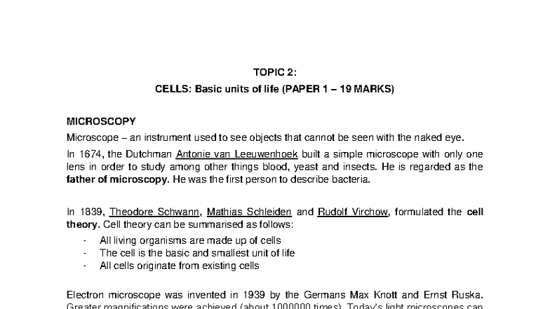 PAPER 1: Cells - Basic Units of Life and Microscopy Overview - Studocu