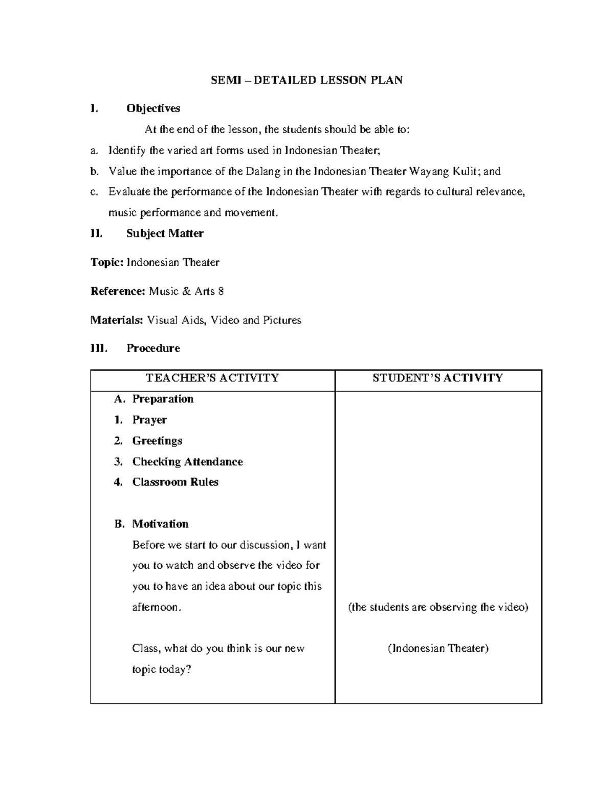 SEMI Detailed Lesson PLAN Mapeh 8 - SEMI – DETAILED LESSON PLAN I ...