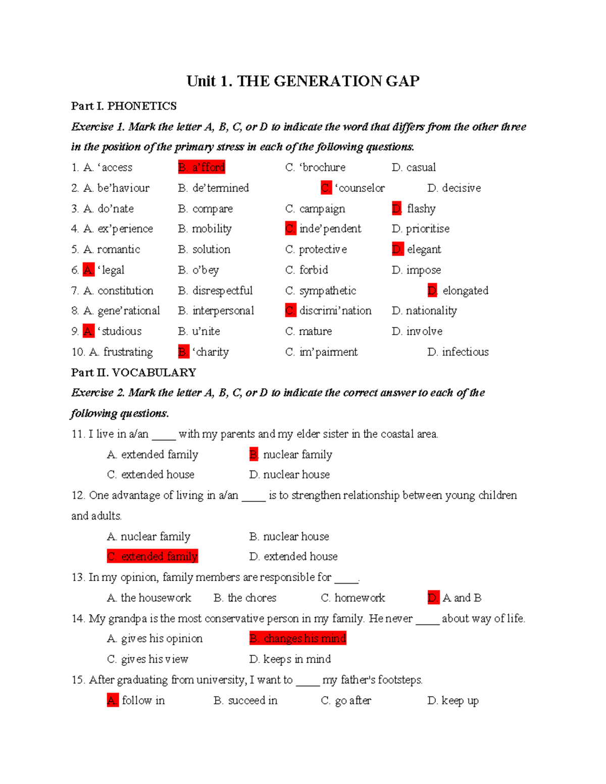 Unit 1: The Generation Gap - Phonetics & Vocabulary Exercises - Studocu