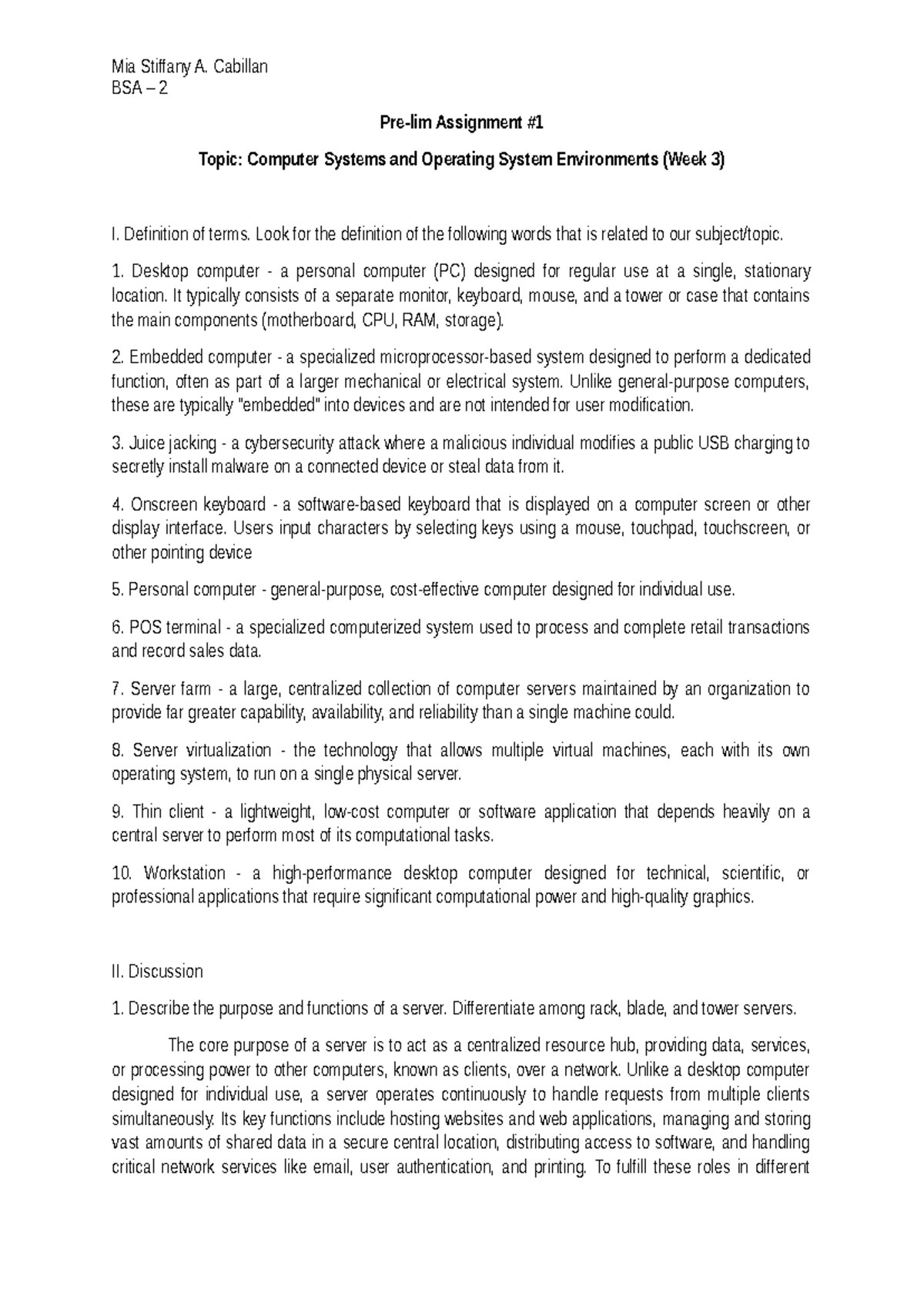 BSA 2 Prelim Assignment #1: Computer Systems & OS Environments - Studocu