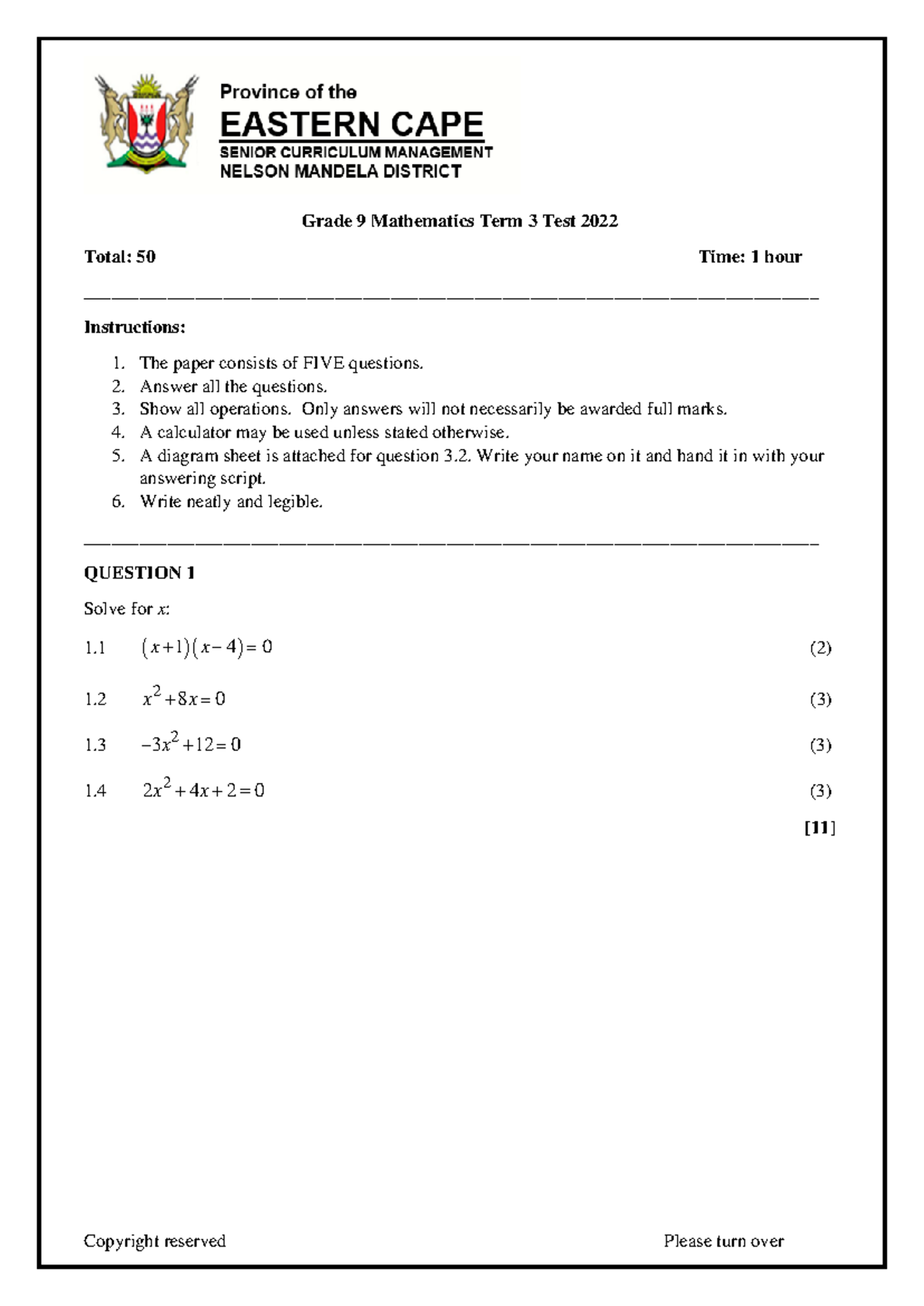 Grade 9 Math Test - 16 September 2022 (Total 50 Marks) - Studocu