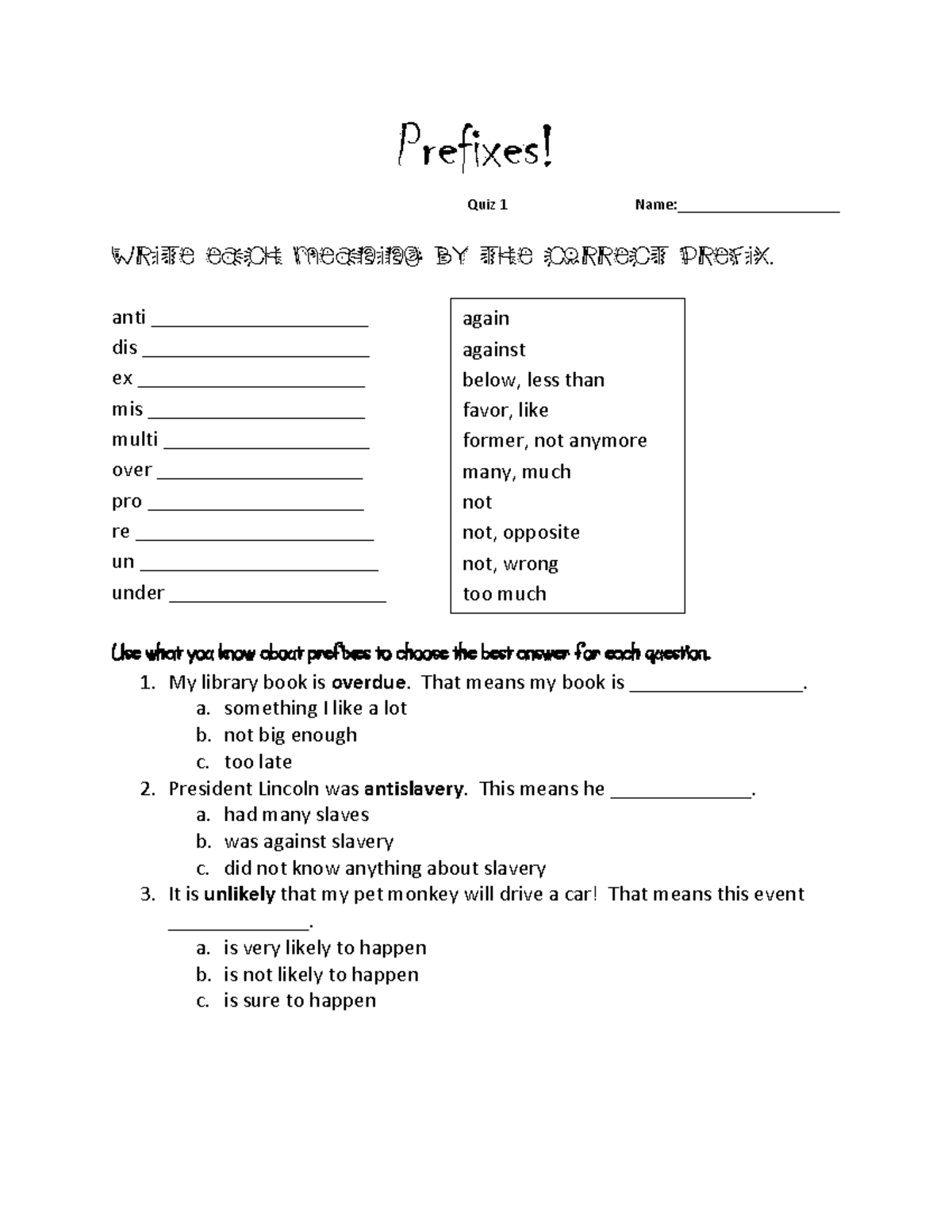 Prefixes Quiz 1: Understanding Prefix Meanings and Usage - Studocu