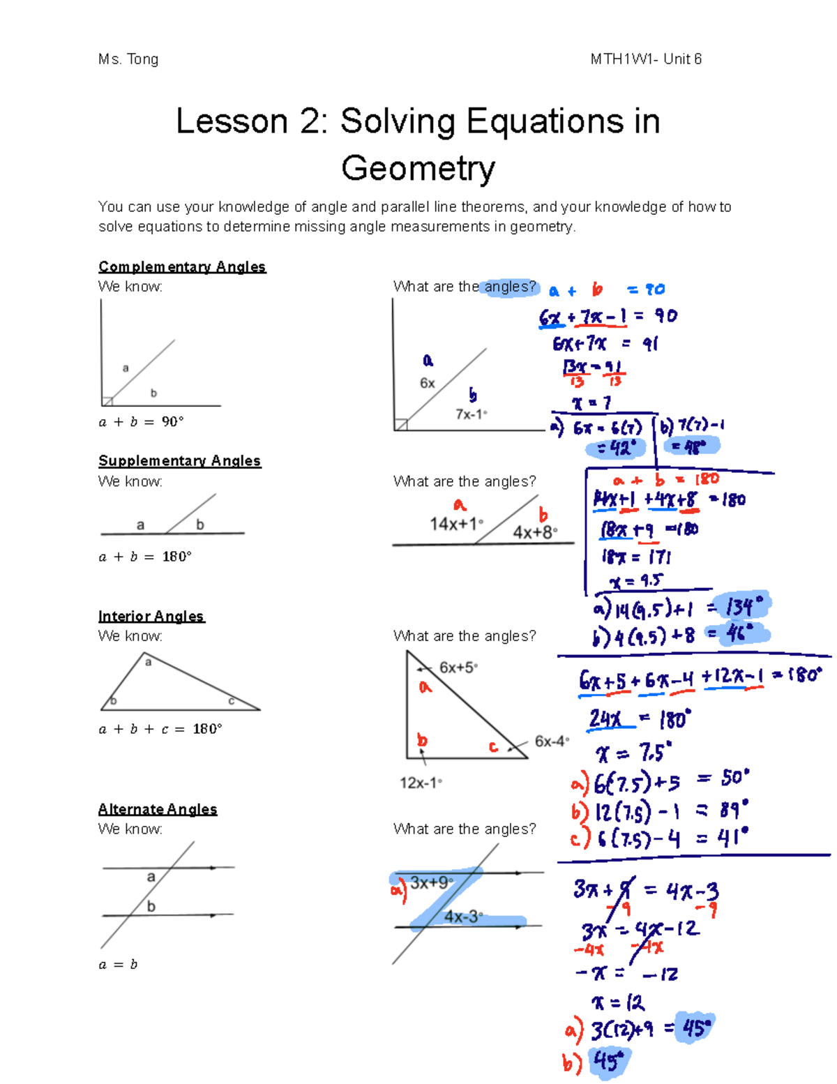 Ms. Tong Unit 6 Lesson 2: Solving Geometry Equations - Studocu