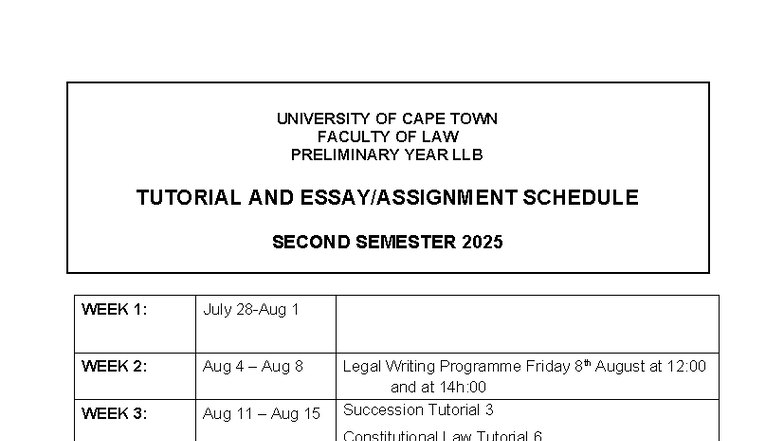 UCT LAW LLB Preliminary Year Schedule: Second Semester 2025 - Studocu