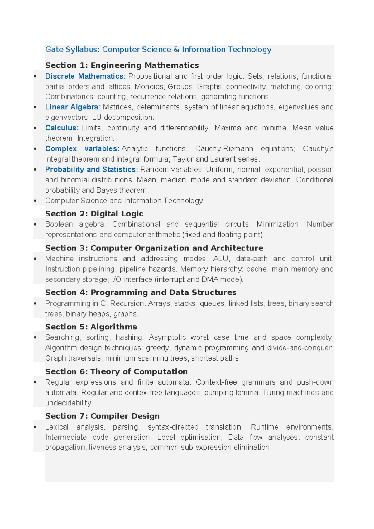 GATE Syllabus: CSE - Engineering Mathematics & Computer Science Topics ...