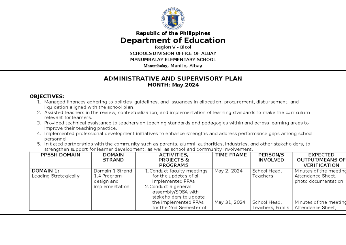 Supervisory-PLAN MAY-2024 - Department of Education Region V - Bicol ...