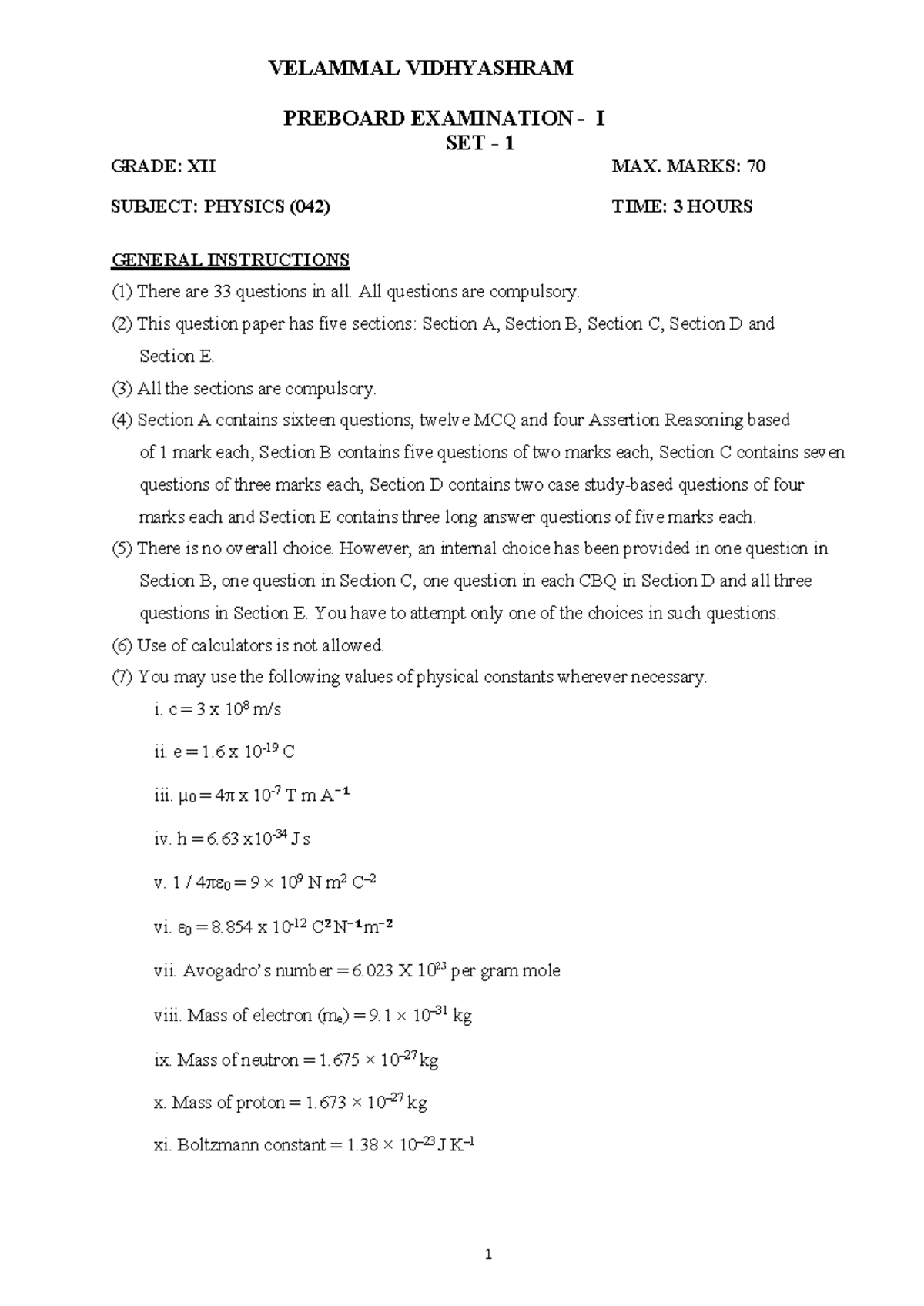 VVS Model QP 10: Grade XII Physics Preboard Exam I (042) - Studocu