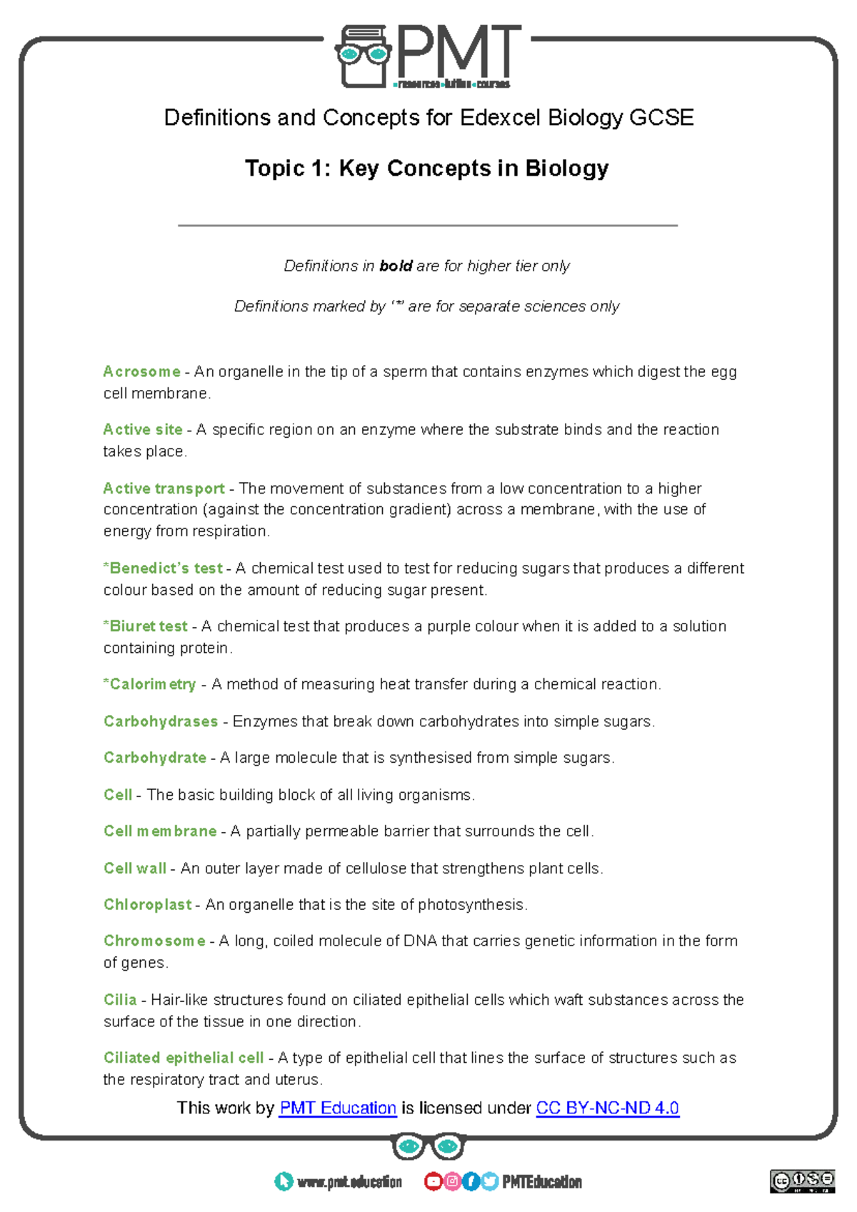 Definitions - Topic 1: Key Concepts in Biology - Edexcel Biology GCSE - Studocu