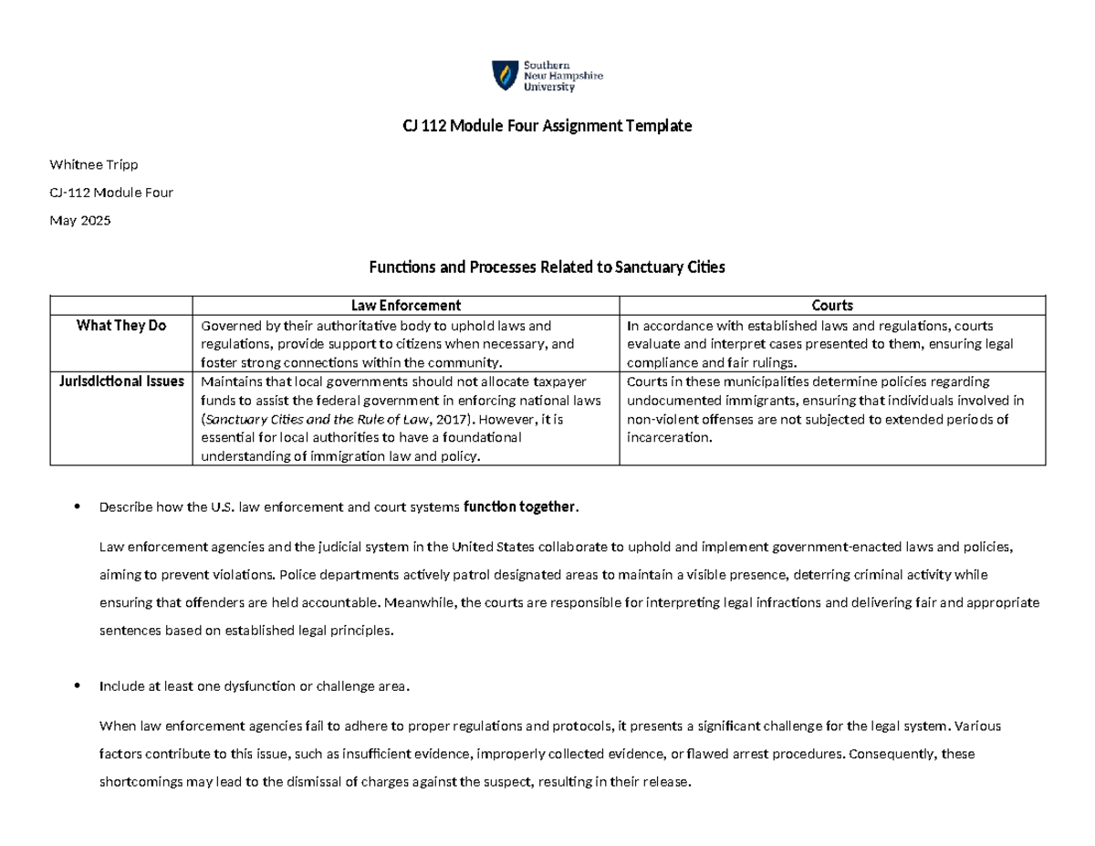 CJ 112 Module Four Assignment: Functions of Law Enforcement & Courts in ...