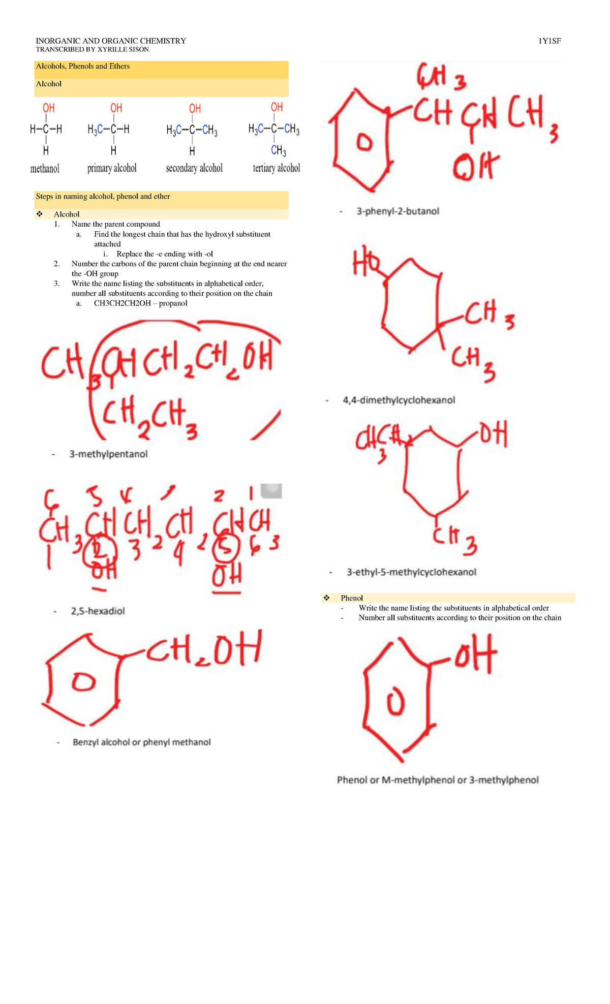 CHEM Alcohols Phenols and Ethers - INORGANIC AND ORGANIC CHEMISTRY ...