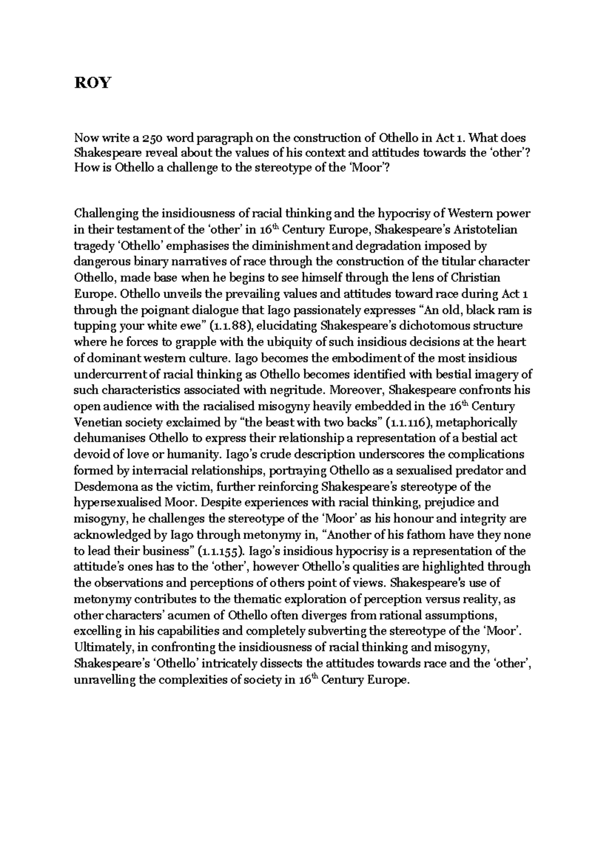 Act 1 Othello Analysis: Racial Constructs and Stereotypes - Studocu