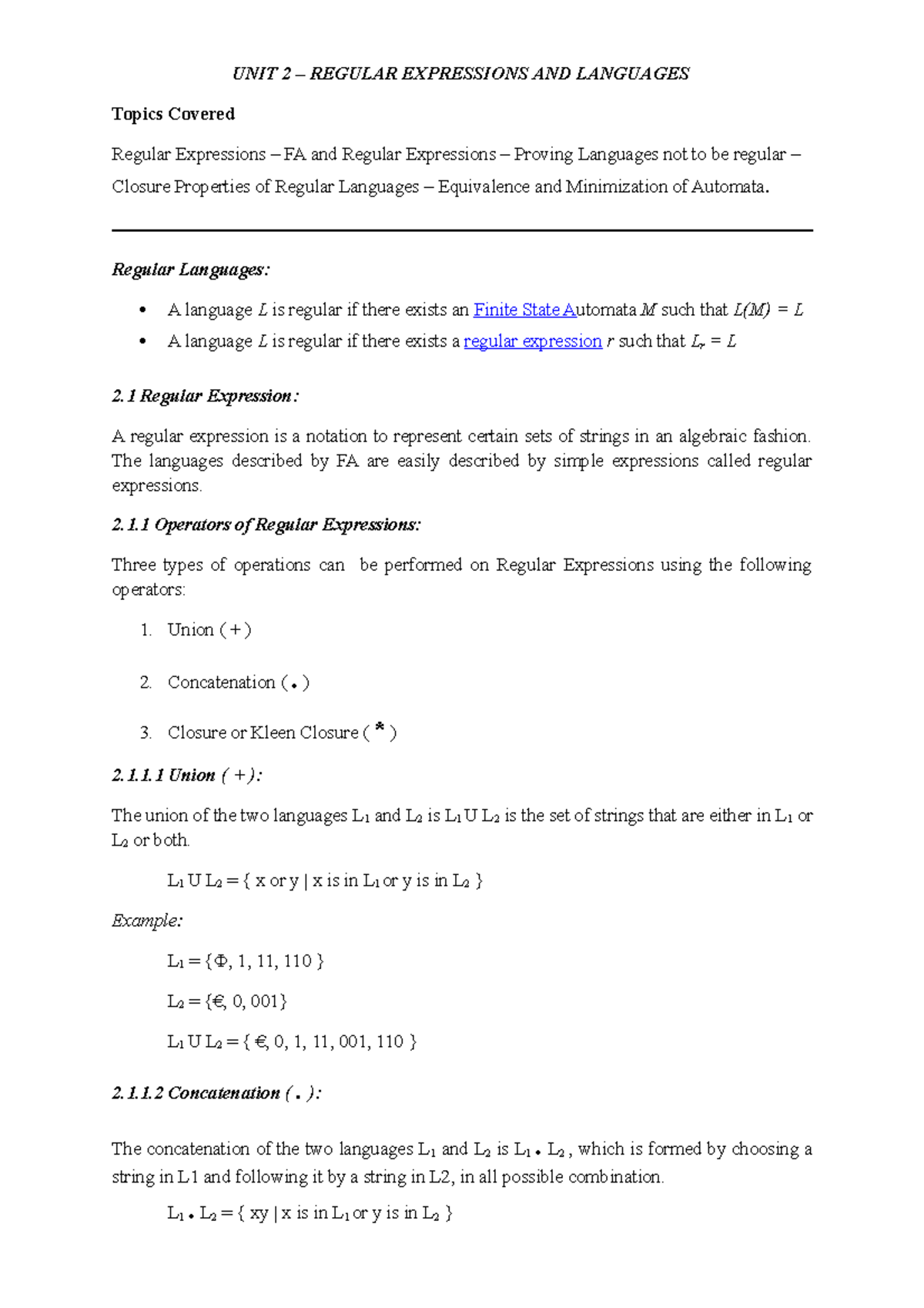 UNIT 2 2019 - UNIT 2 – REGULAR EXPRESSIONS AND LANGUAGES Topics Covered ...