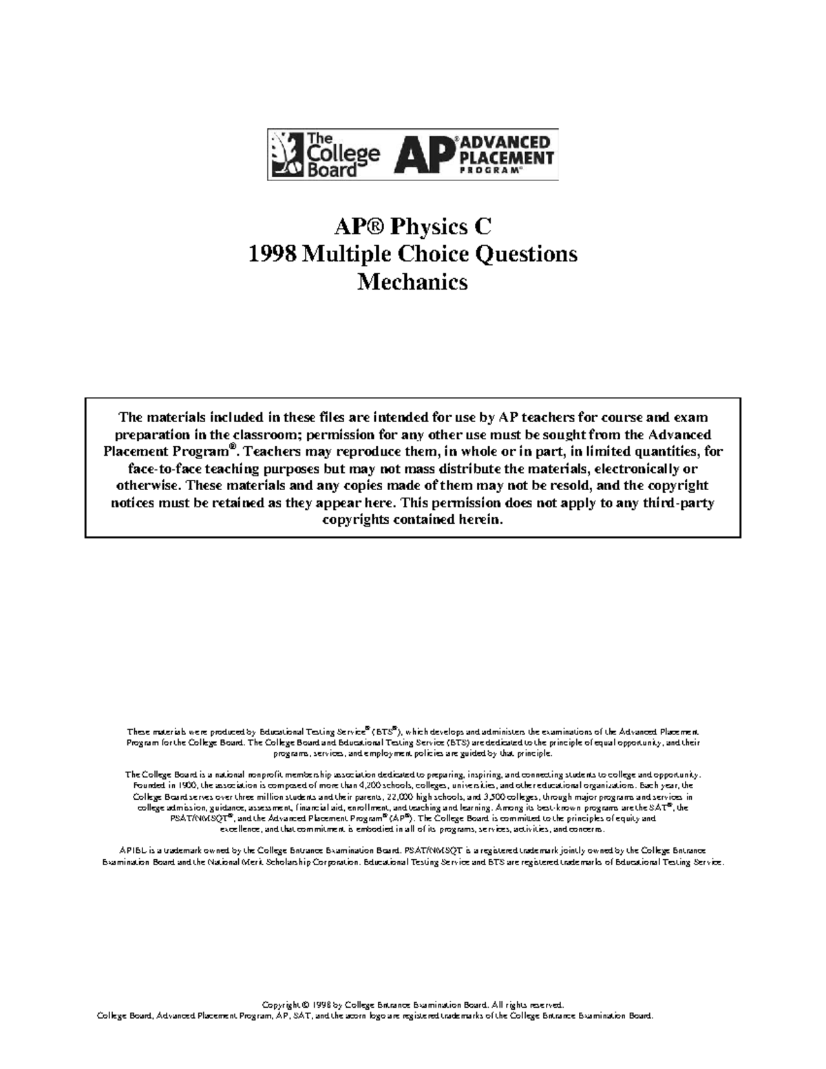 AP Physics C 1998 Mechanics Multiple Choice Questions - Studocu