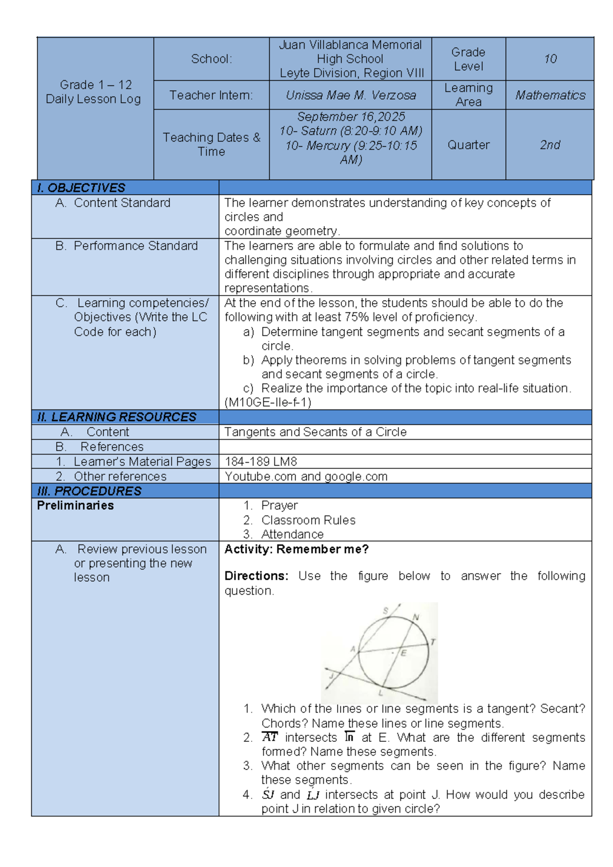 Grade 10 Mathematics Daily Lesson Log: Tangents & Secants of Circles - Studocu