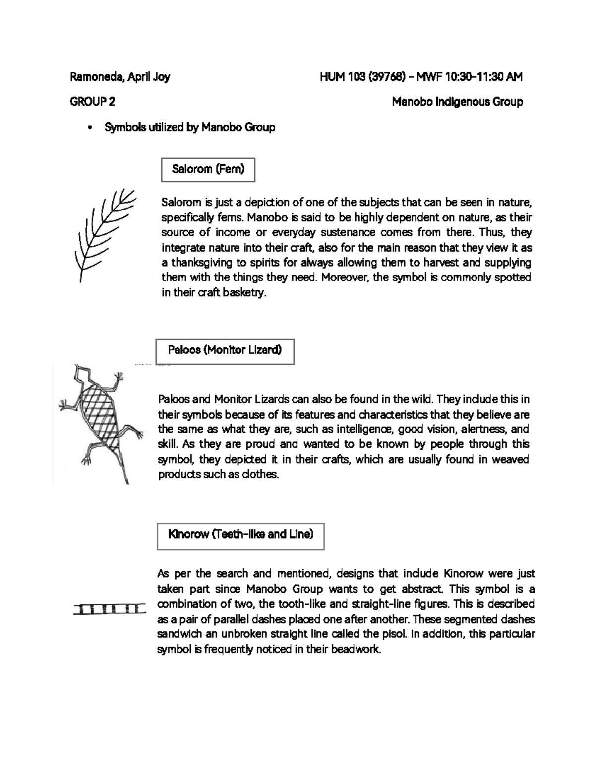 HUM 103 - Manobo Indigenous Symbols and Their Cultural Significance ...