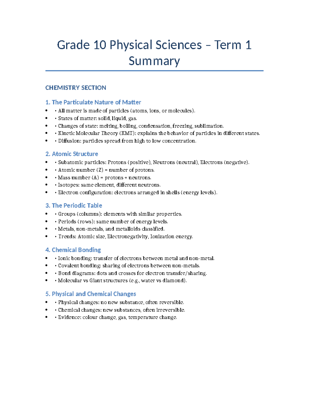 Grade 10 Physical Sciences Term 1 Summary: Chemistry Concepts - Studocu