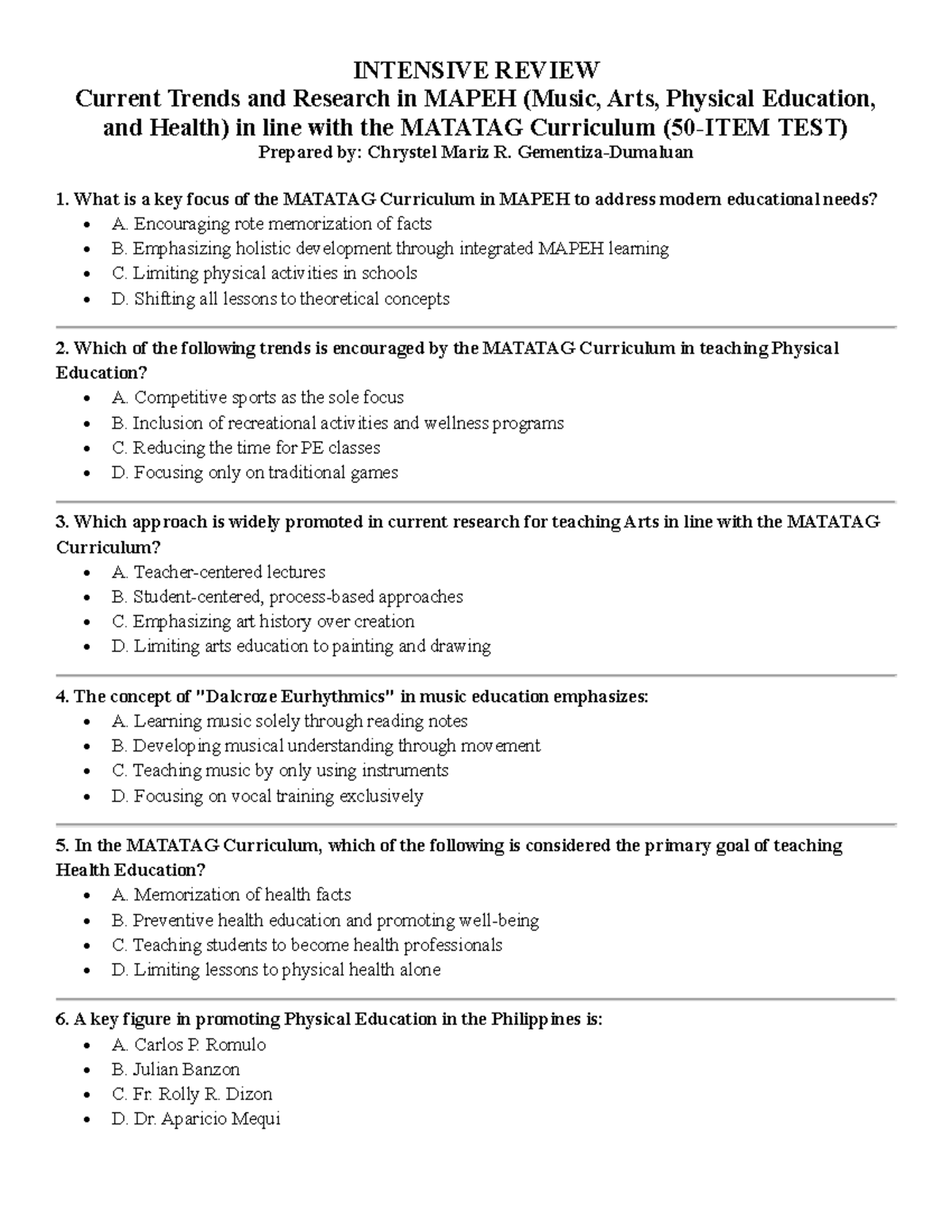 Intensive Review - Current Trends IN Mapeh ( Matatag Curriculum ...