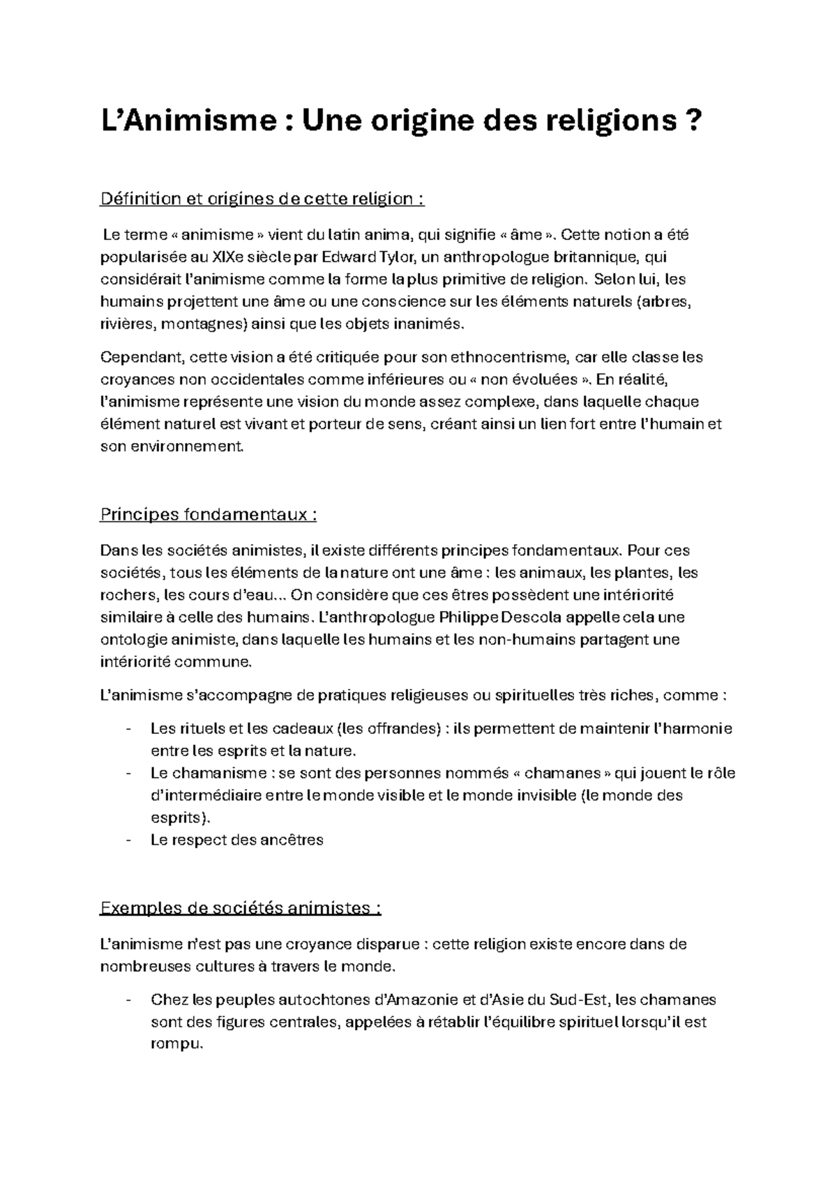 Exposé sur l'Animisme : Définition et Origines de cette Religion - Studocu
