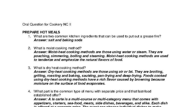 Oral Questions for Cookery NC II: Preparing Hot & Cold Meals - Studocu