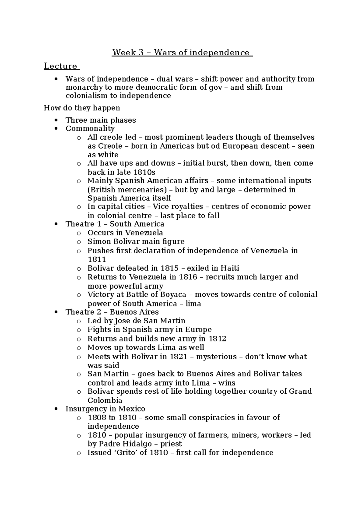 Week 3 - Lecture on Latin American Wars of Independence - Studocu