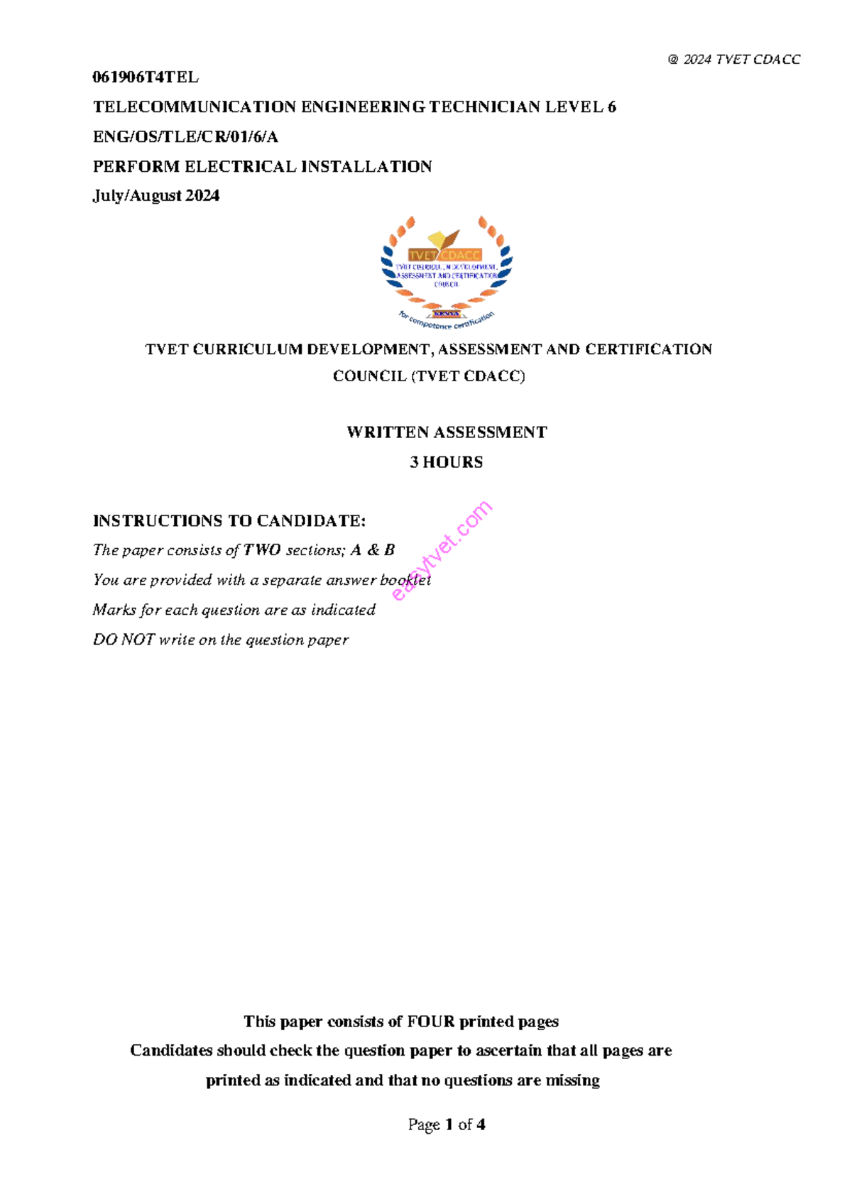 2024 TVET CDACC Level 6 Telecommunication Engineering Written ...