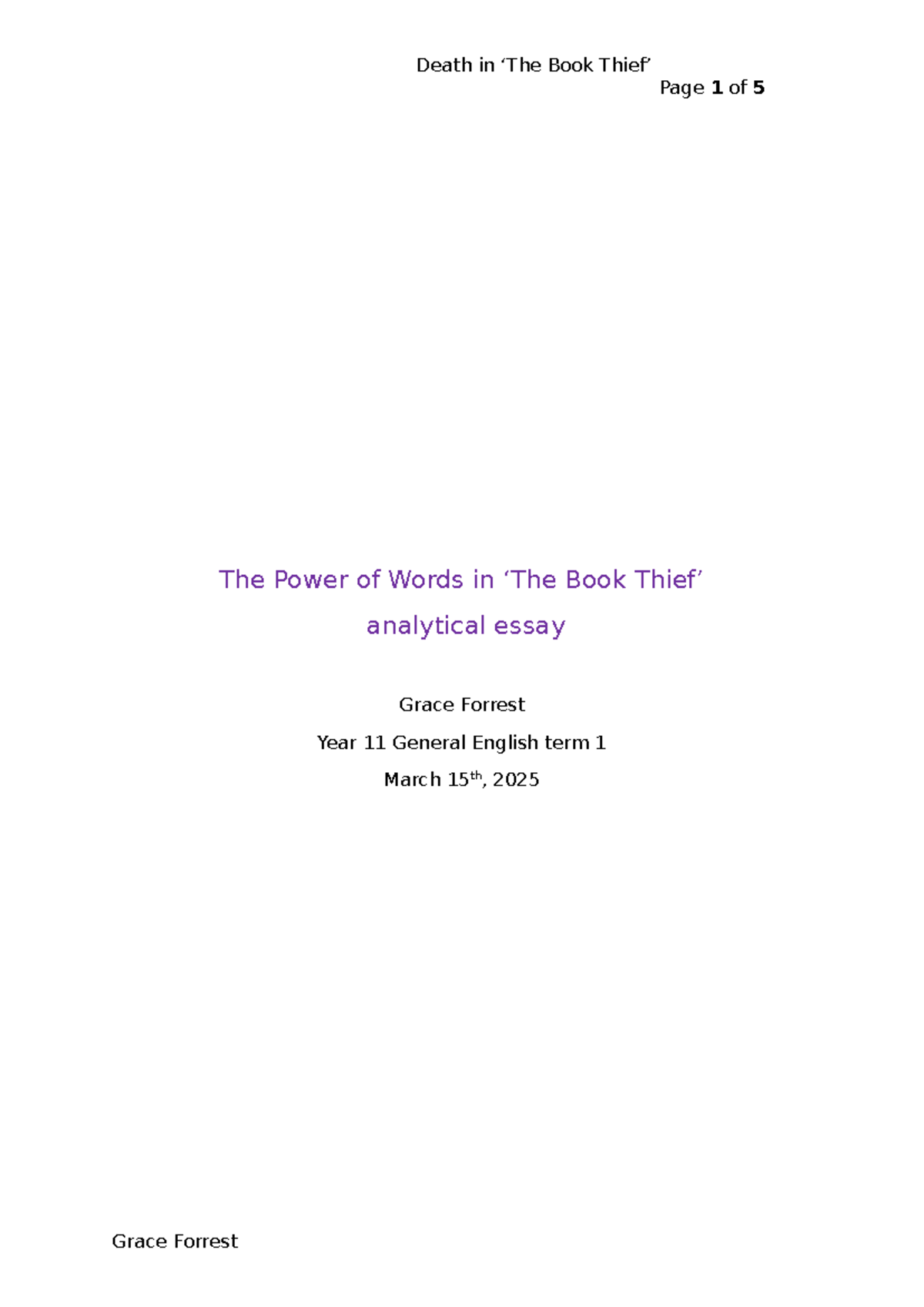 ENG111A Analytical Essay: The Power of Words in "The Book Thief" - Studocu