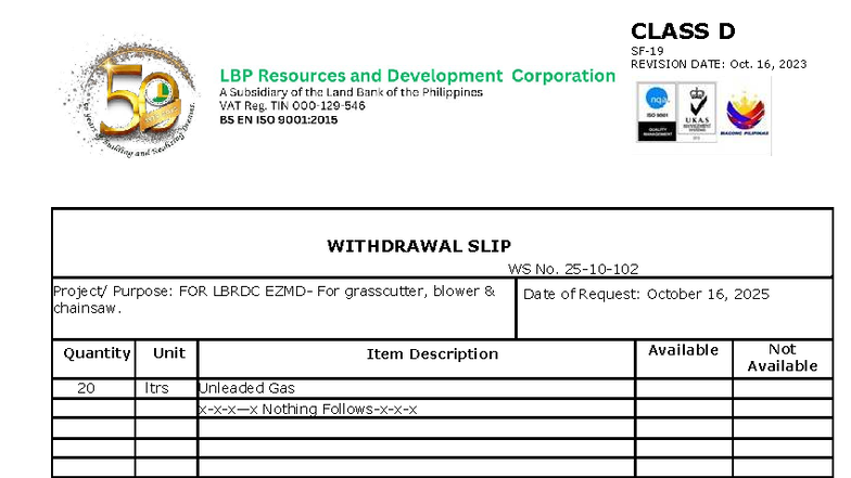 SF19 - Withdrawal Form for LBRDC Equipment Request - Studocu
