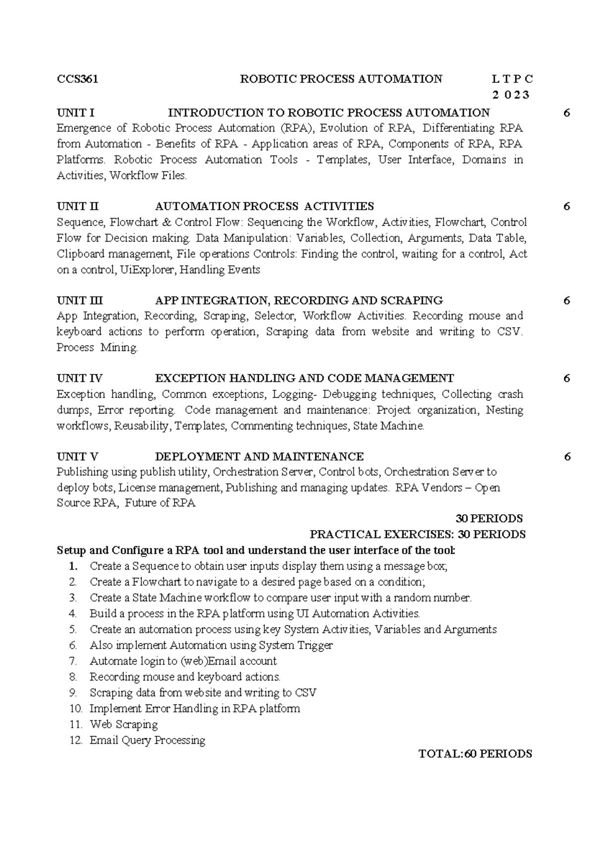 CCS361 - Robotic Process Automation Syllabus Overview - Studocu