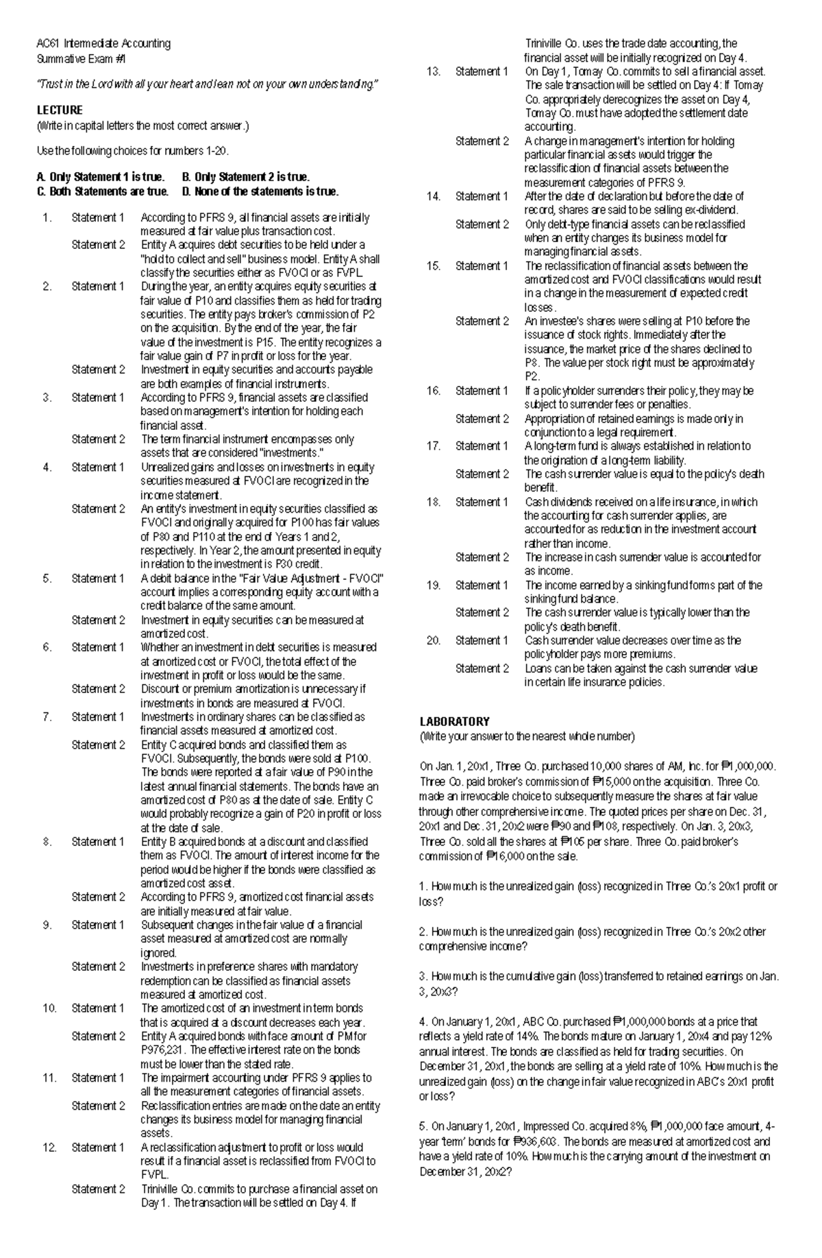 AC61 Intermediate Accounting Summative Exam # - Lecture Notes - Studocu