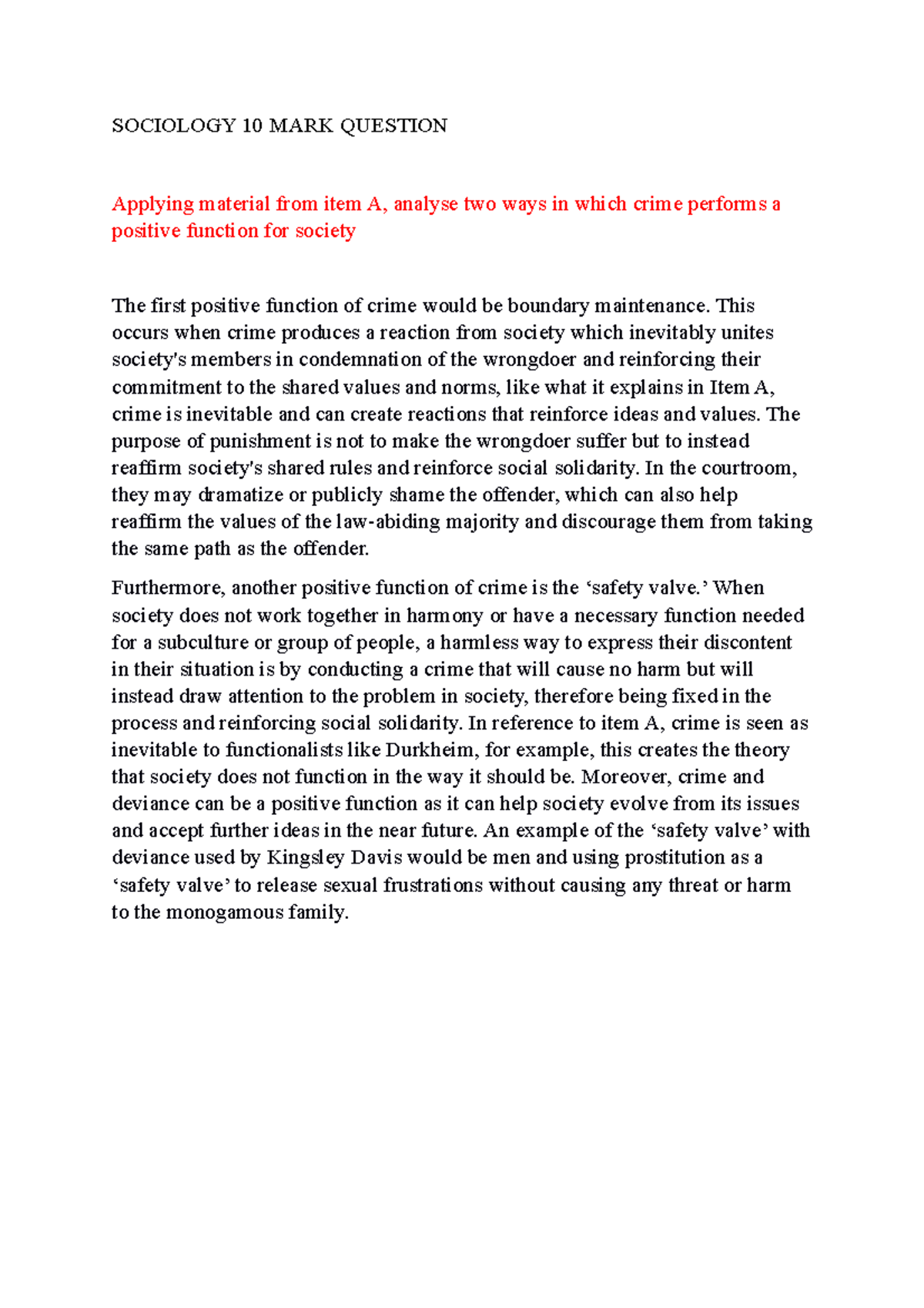 10 mark question - crime and deviance - SOCIOLOGY 10 MARK QUESTION ...