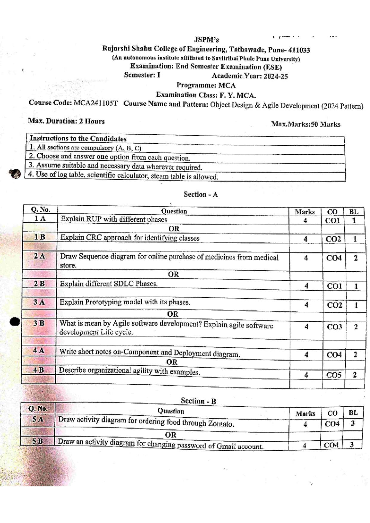 ESE MCA241105T F.Y. MCA Object Design & Agile Development Exam 2024-25 ...