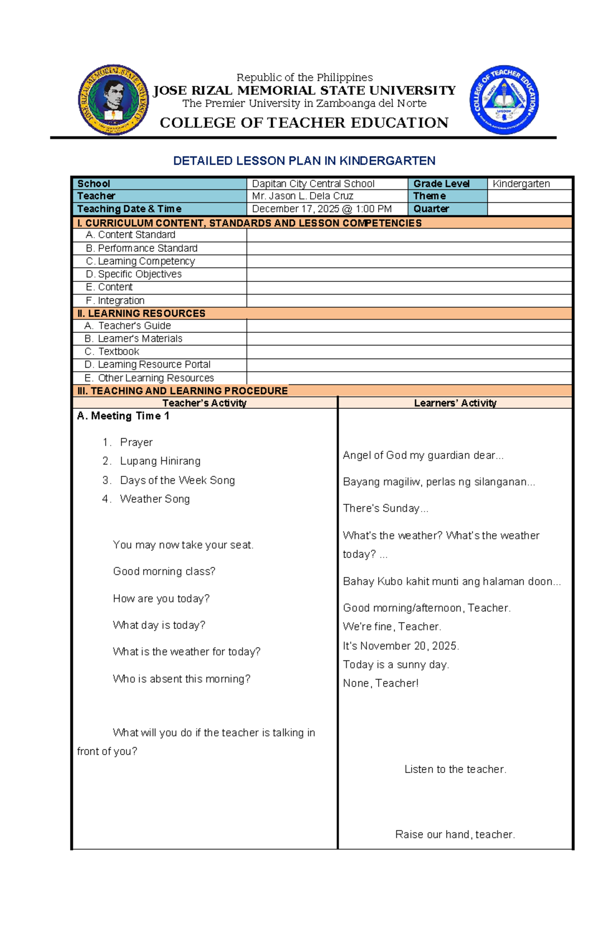 ECLP 101: Detailed Lesson Plan for Kindergarten Education - Studocu