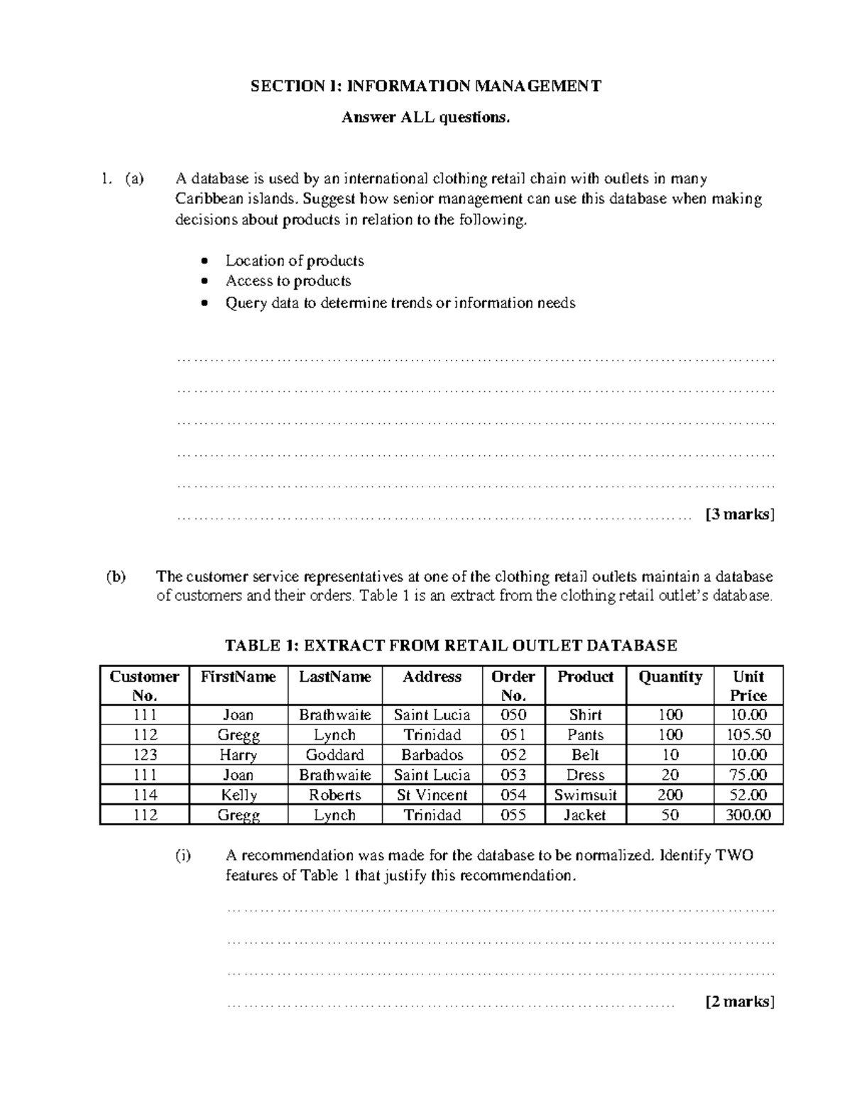 669067112 CAPE Information Technology Unit 2 Trial Exam - SECTION I: INFORMATION MANAGEMENT ...